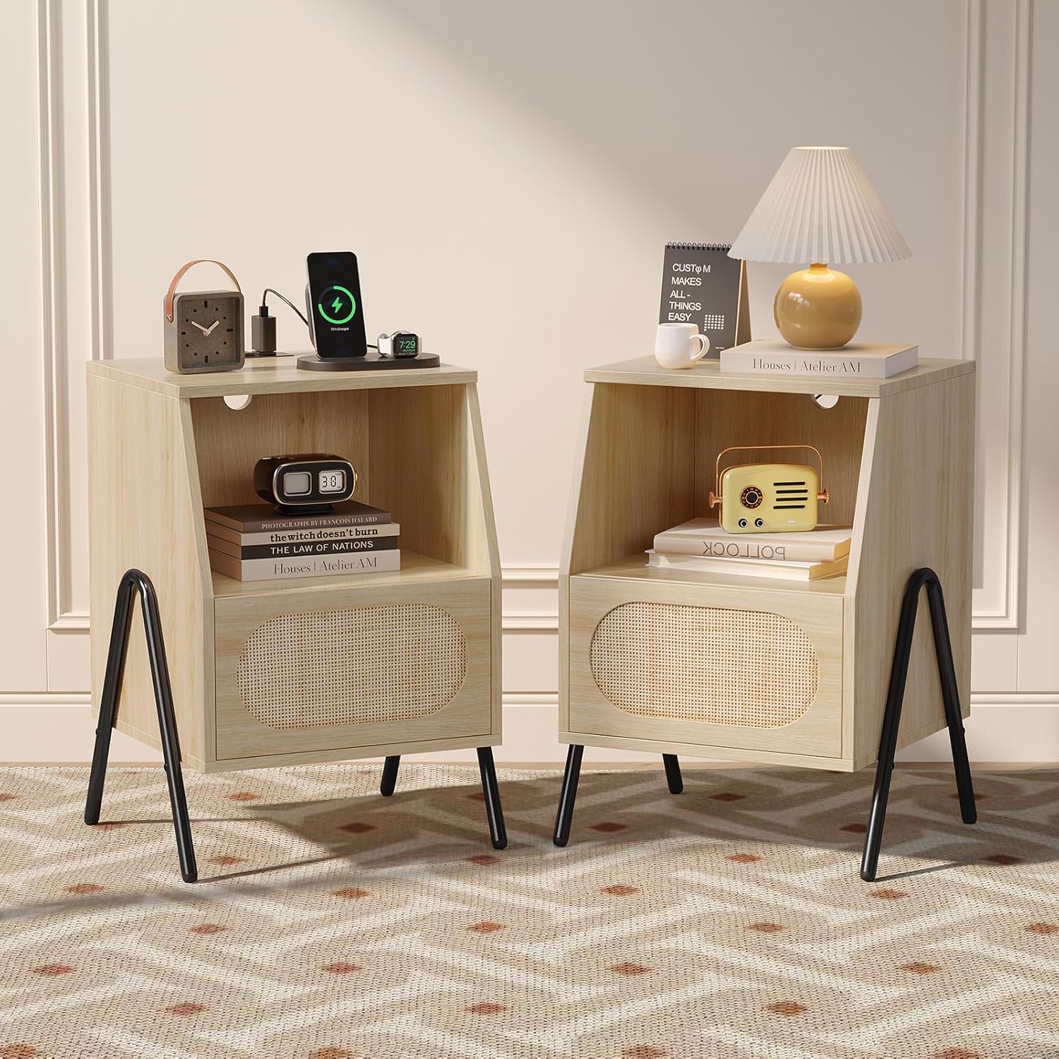 Amazon.com: VINGLI Rattan Nightstands Set of 2 with Charging Station ...