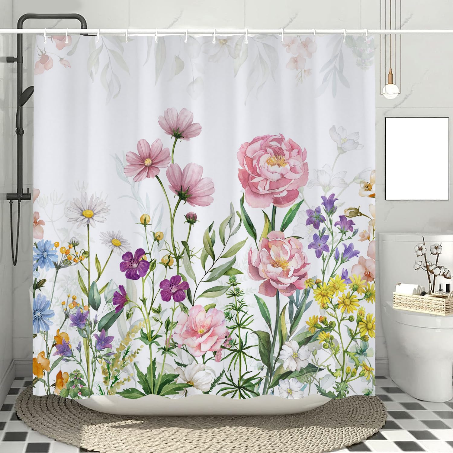 Pink Floral Shower Curtain, Watercolor Flower Shower Curtains for ...