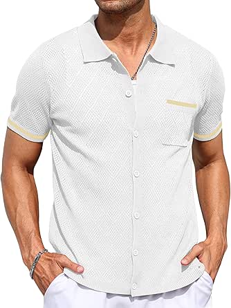 COOFANDY Knit Button Down Short Sleeve Shirt Vintage Casual Beach Polo Shirts Pocket at Amazon ...