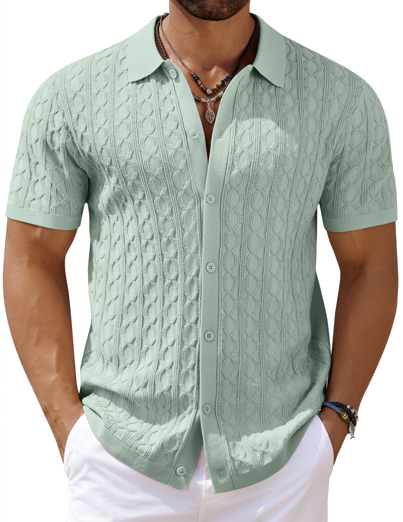 COOFANDY Men's Knit Short Sleeve Shirts Button Down Vintage Knitted ...