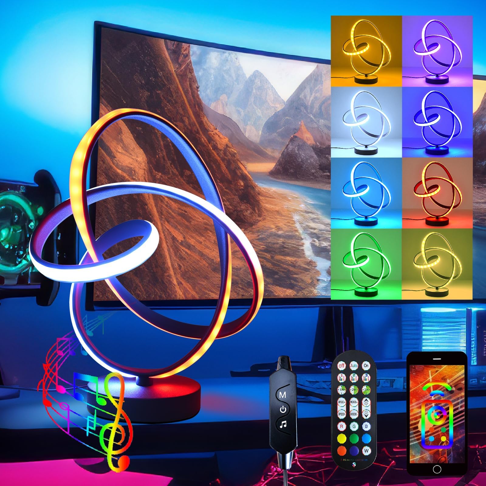 Adebime Modern RGB Table Lamp, 7 Colors 10 Light Modes Spiral Design ...