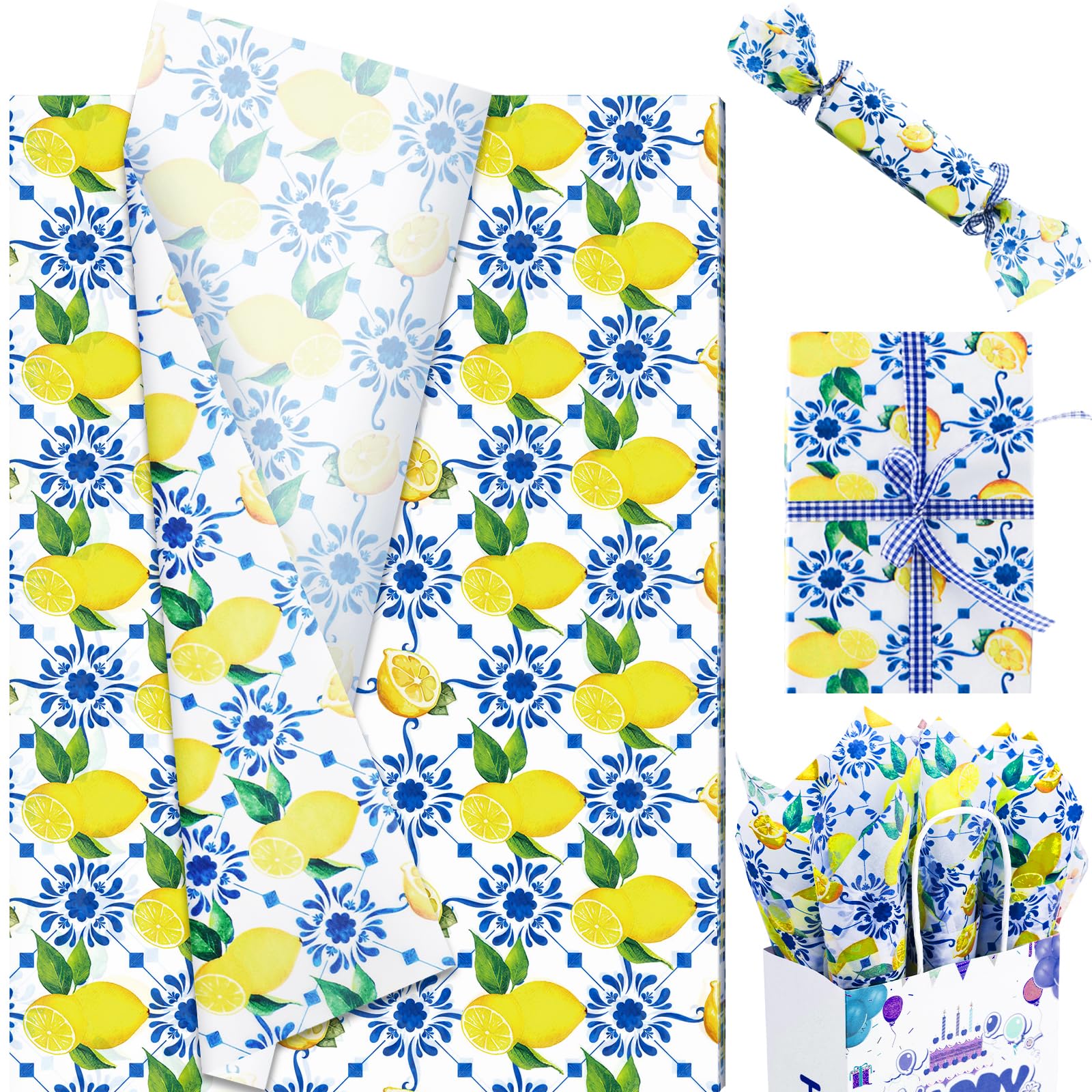 Amazon.com: 100 Sheets Blue Tiles Lemon Tissue Paper, 20'' x 14'' Blue ...