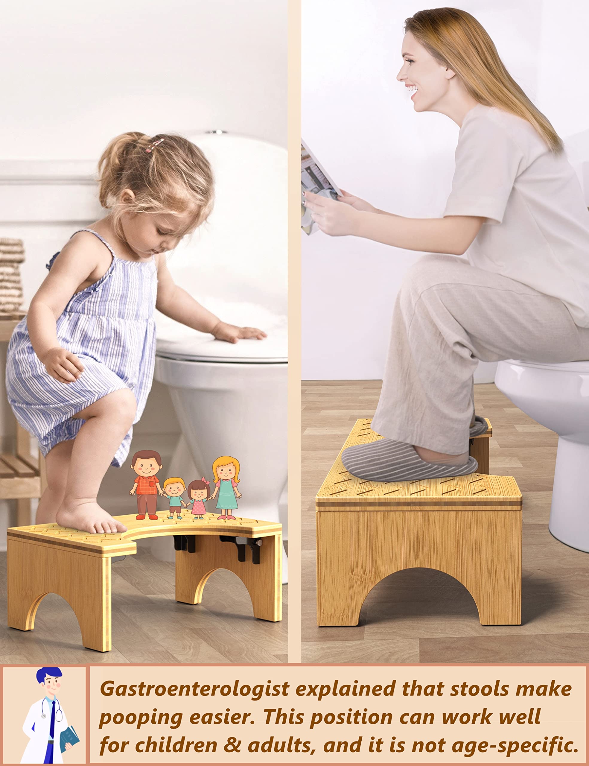 Toilet Stool, Easoger Bamboo Squatting Bathroom Stool, 7" Foldable ...