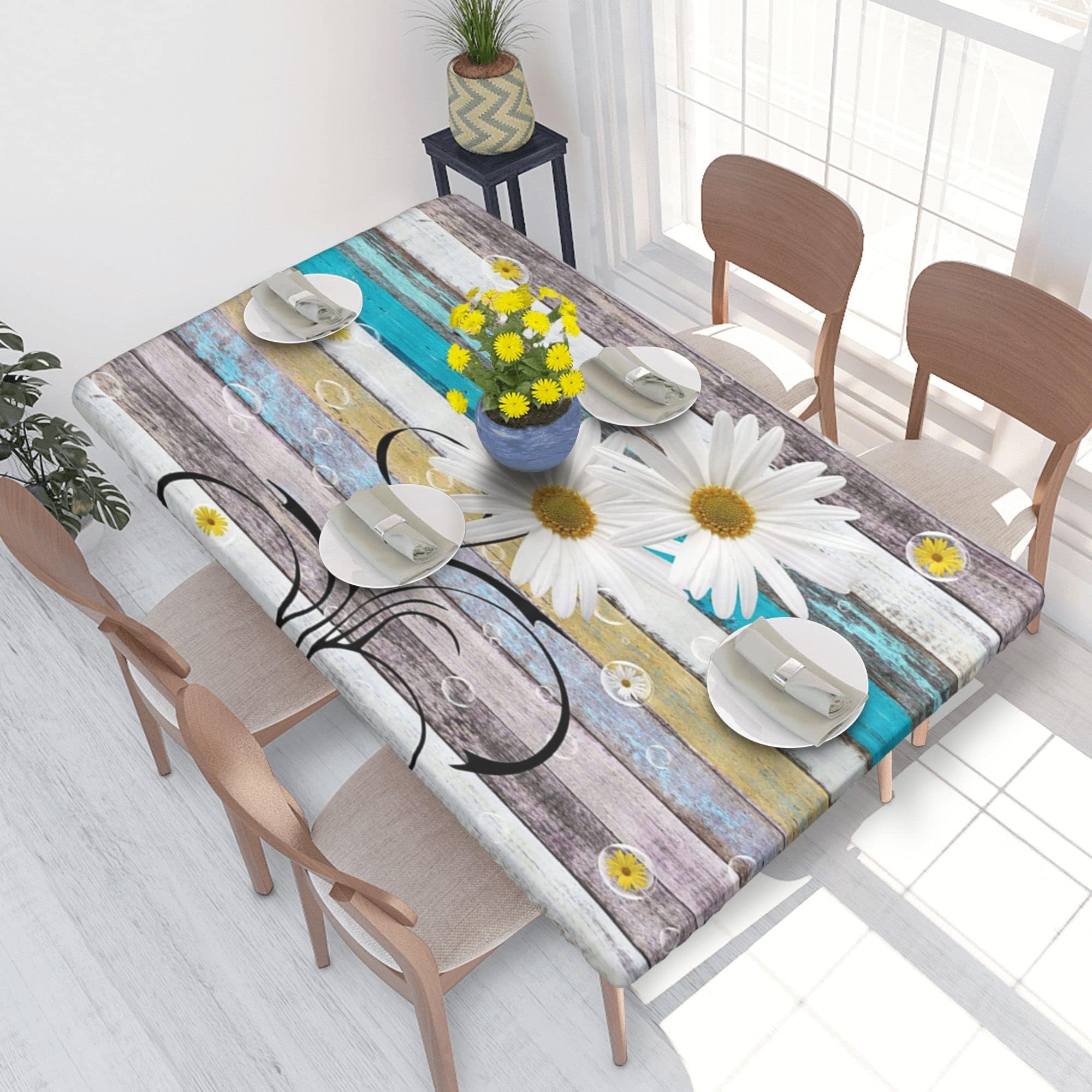 Amazon.com: QALFKAD Spring Flower Rustic Wooden Fitted Tablecloth for ...