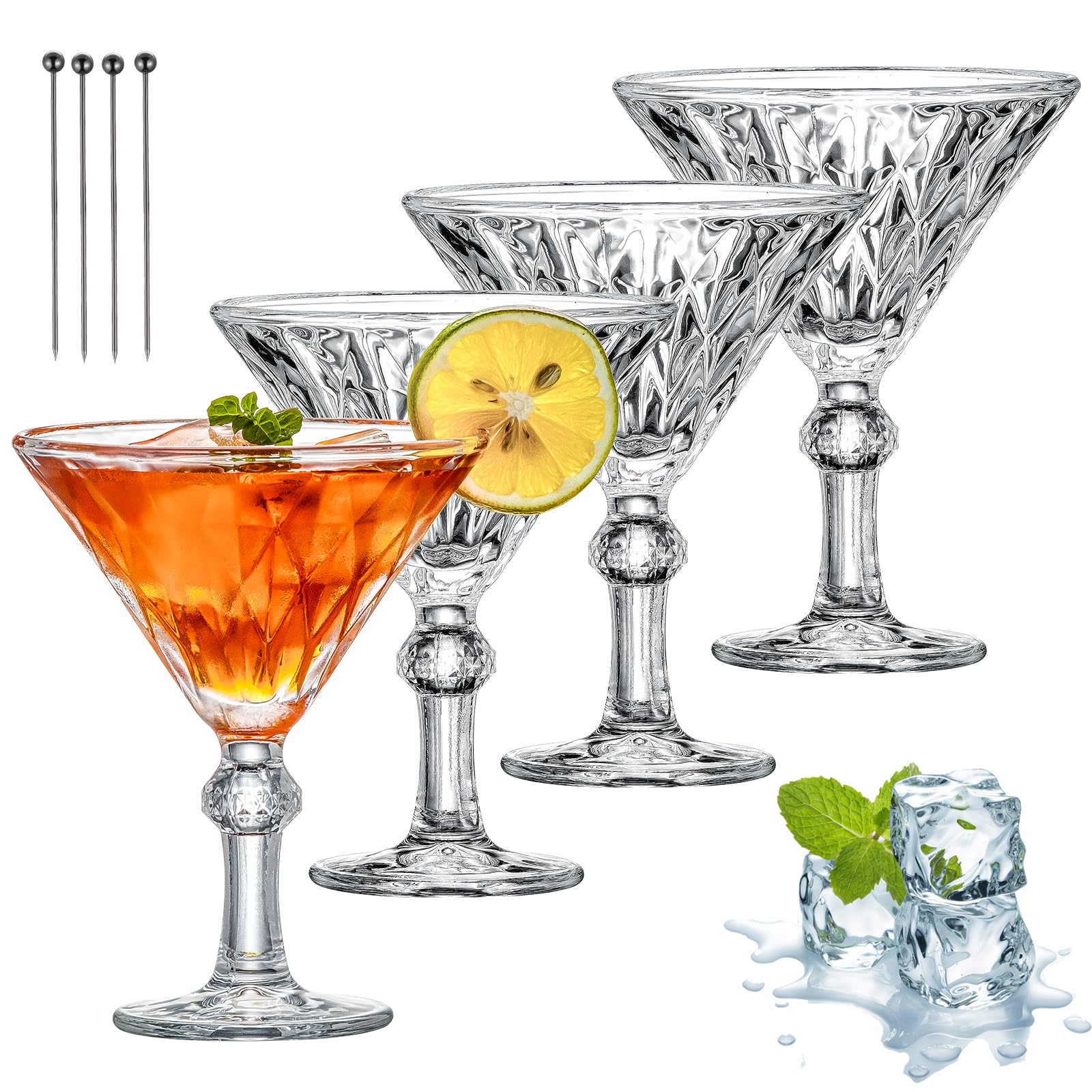 Martini Glasses with 4 Stainless Steel Cocktail Picks Vintage Cocktail ...