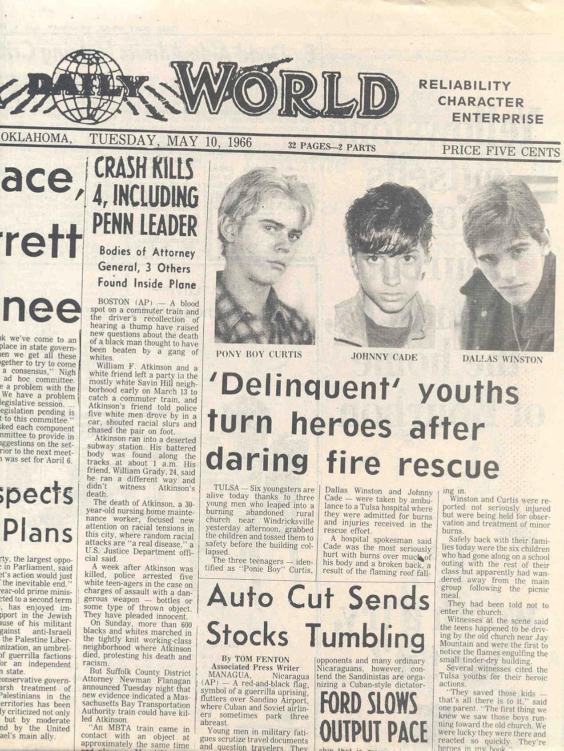 The Outsiders movie prop newspaper, Matt Dillon, Ralph Macchio: Tulsa ...