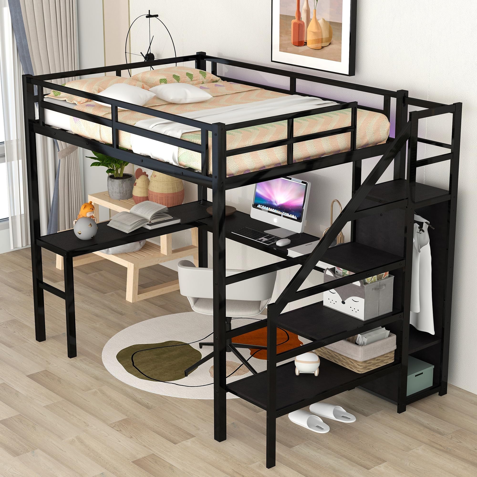 Amazon.com: Full Size Loft Bed with Desk and Storage Stairs, Heavy Duty ...