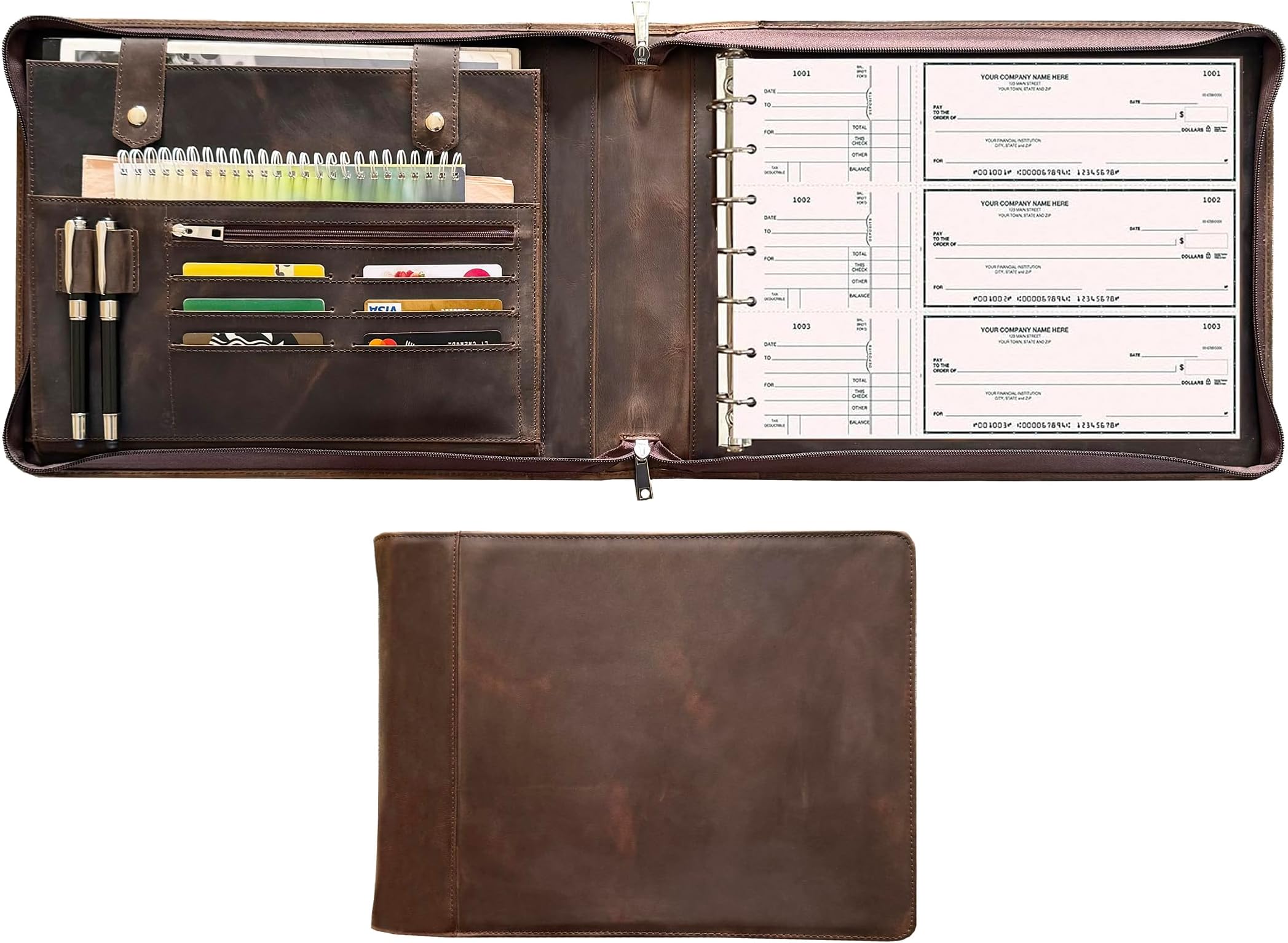 Amazon.com : 7 Ring Check Binder Cowhide Leather Check Portfolio for 3 ...