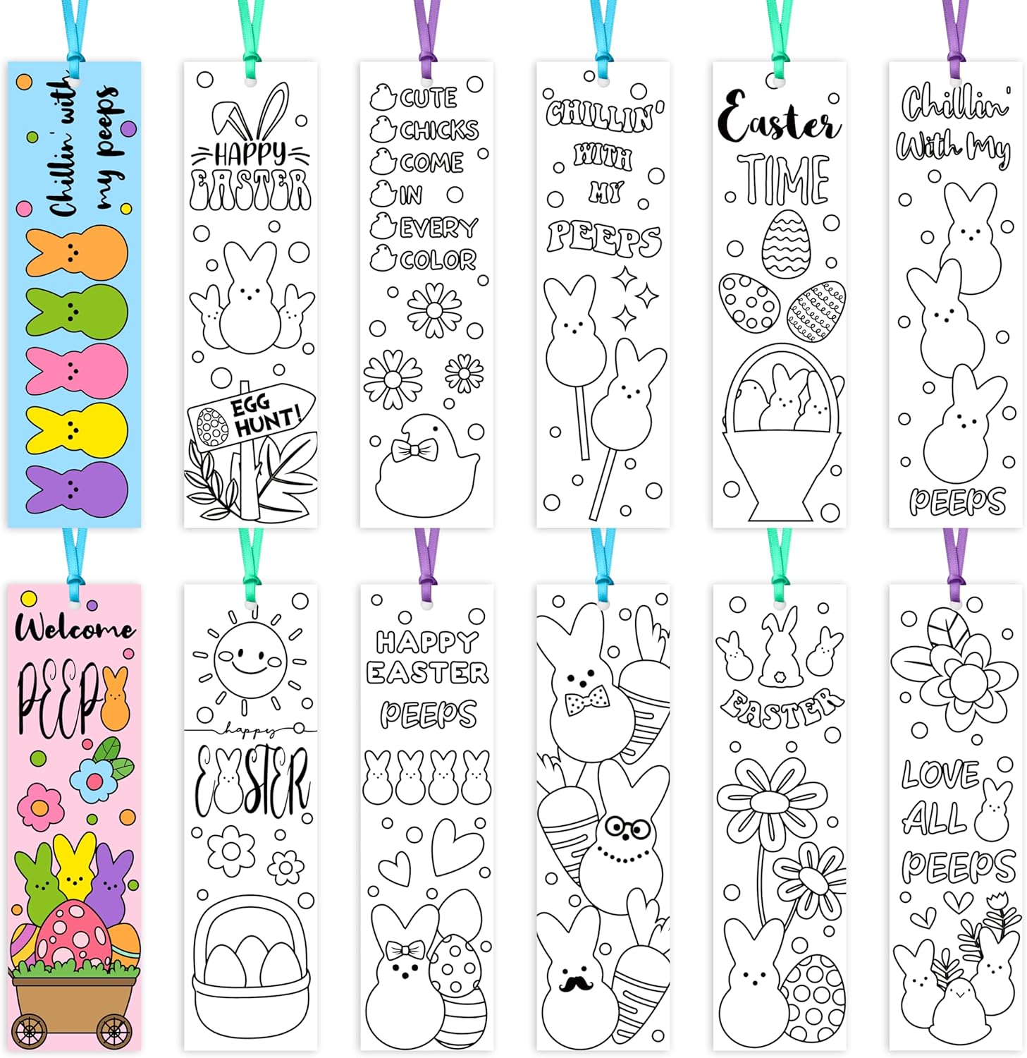 Haooryx 75Pcs Easter Color Your Own Bookmarks, Funny Bunny Peeps Book ...
