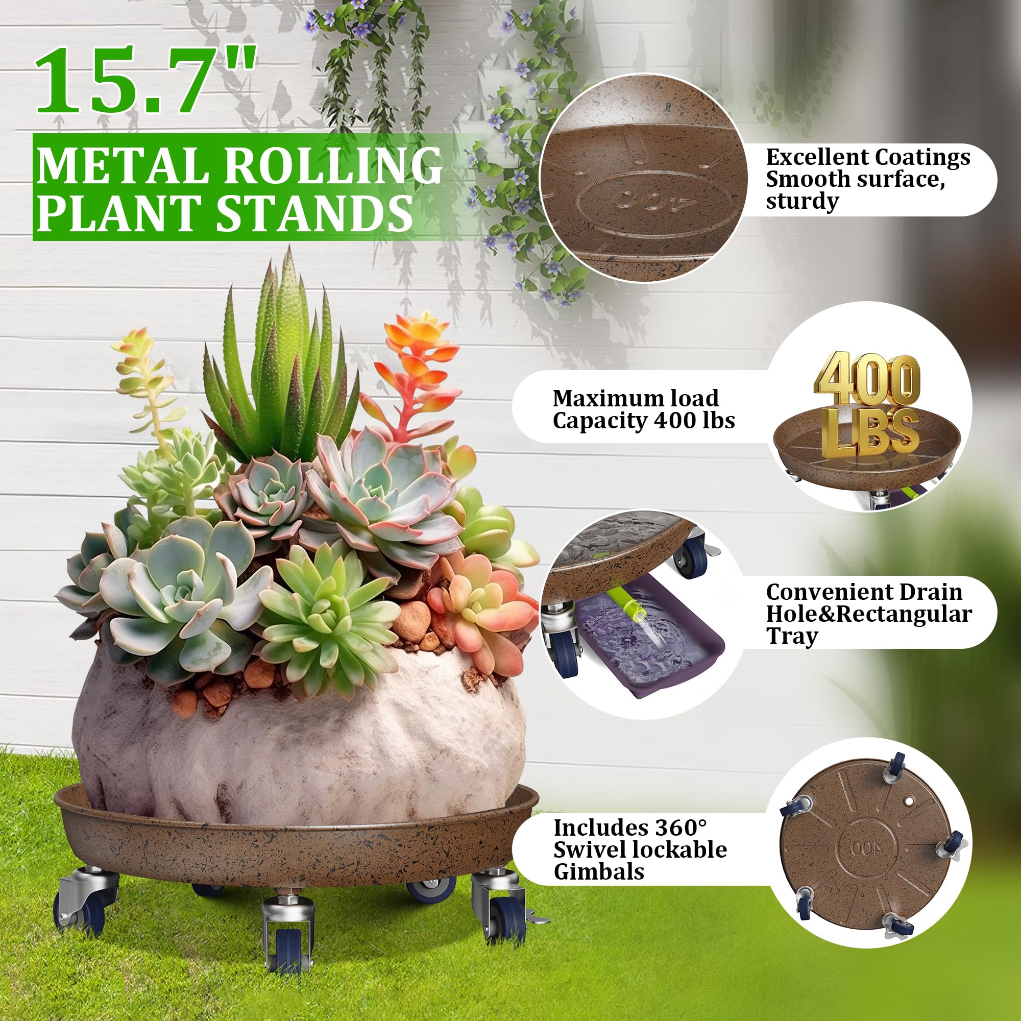 Snapklik.com : 15.7" Metal Plant Caddy, Heavy Duty Planter Pot Mover