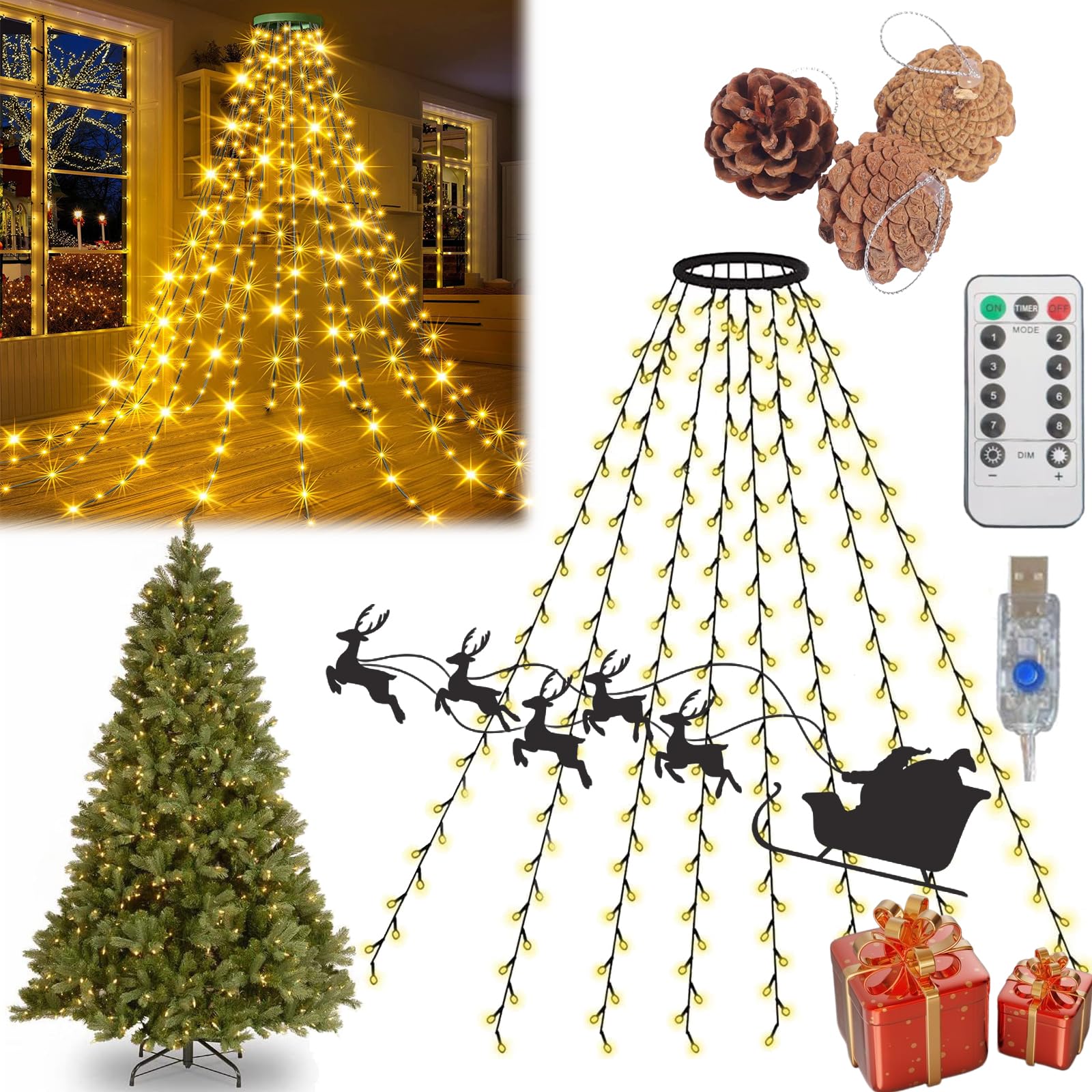 Amazon.com: Cascading Twinkle Lights for Christmas Tree, 8 Modes Warm ...