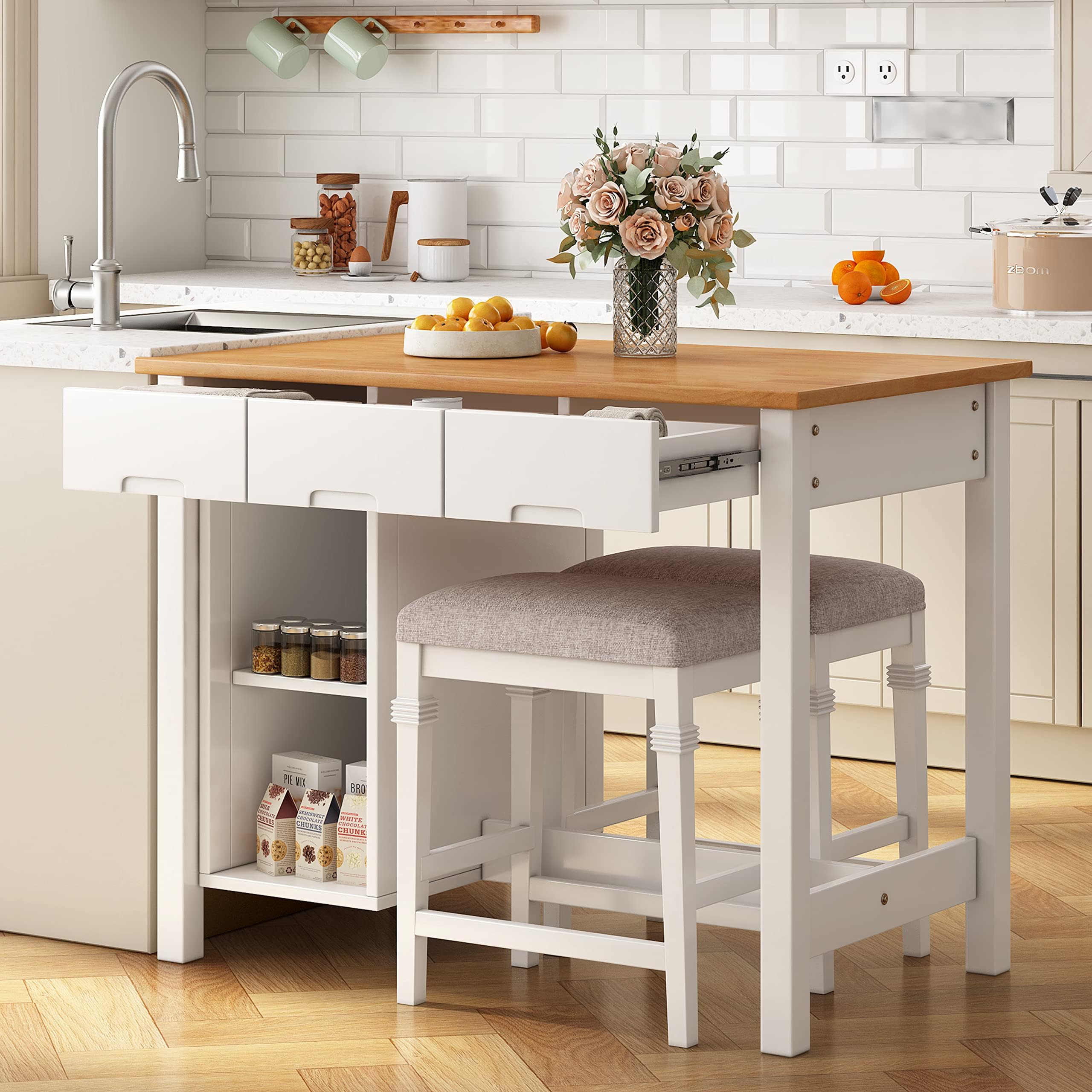Amazon.com - Bellemave 3 Piece Kitchen Island with Seating for 2 ...