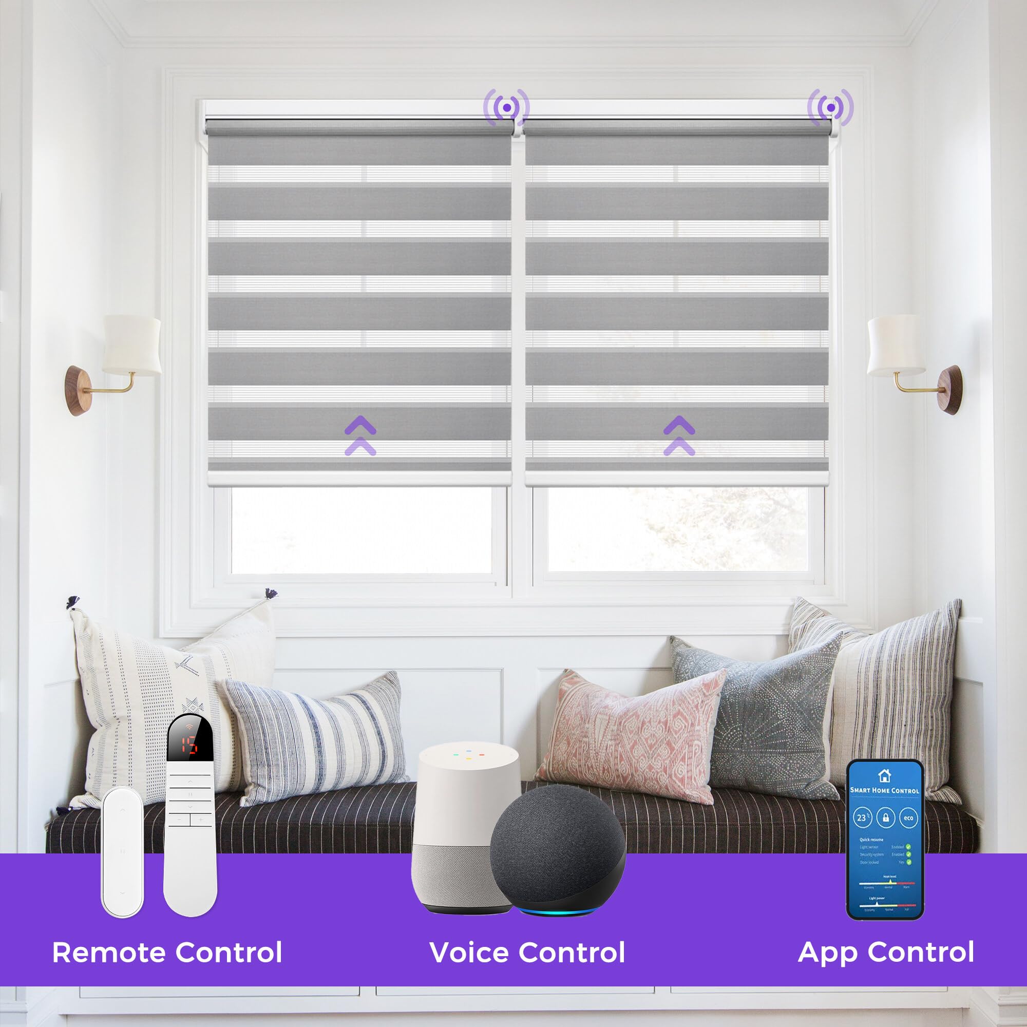 Allesin Motorized Zebra Blinds for Window with Remote, Compatible with Alexa, Smart Dual Layer ...