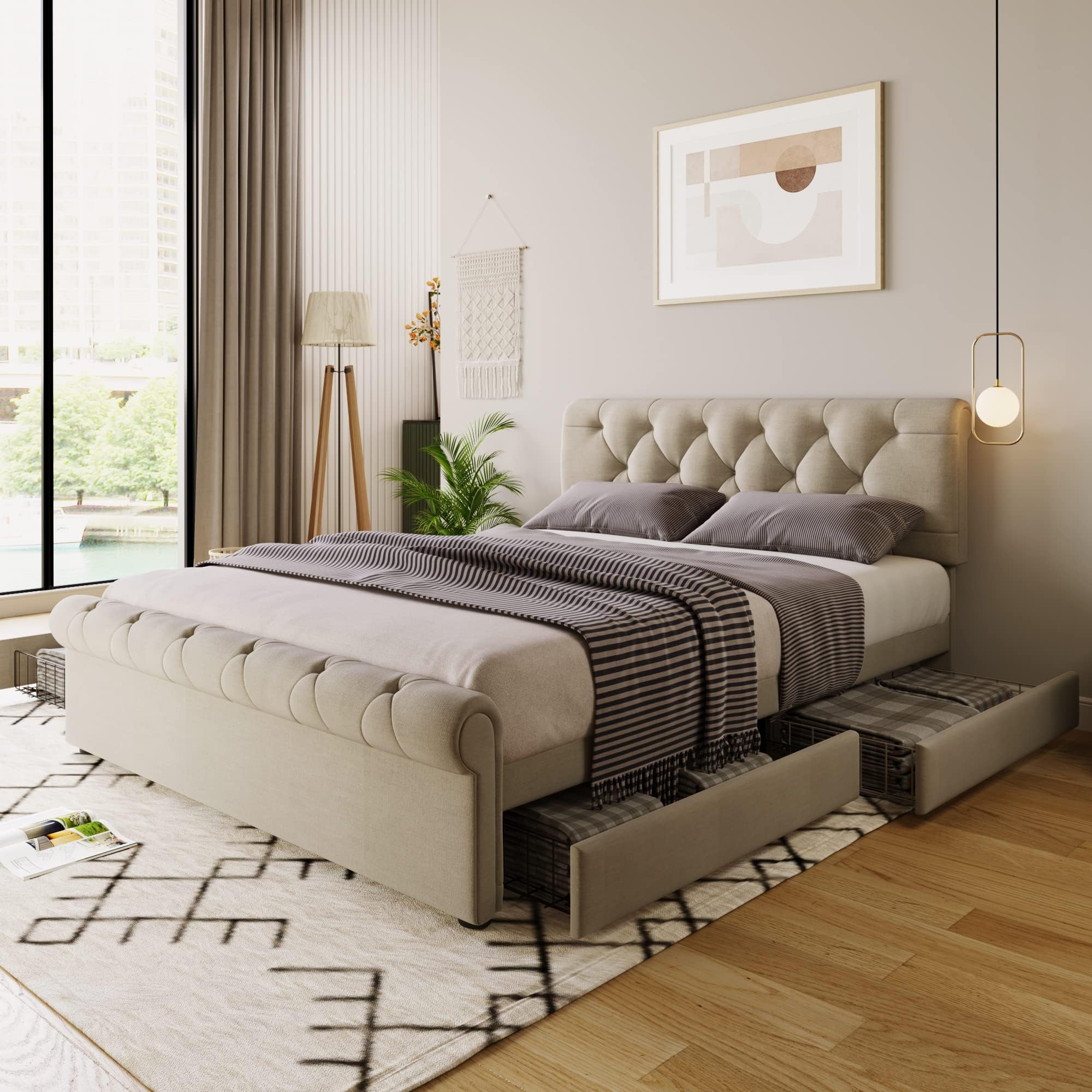 Merax Lit capitonné 140 x 200 cm avec 4 tiroirs, cadre de lit double ...