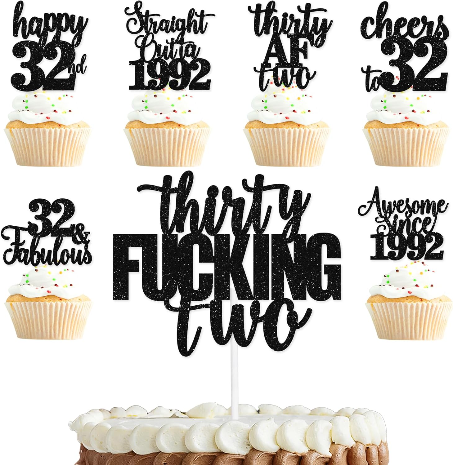 Amazon.com: Black Glitter 1pcs Cake Topper 12pcs Cupcake Topper Funny ...