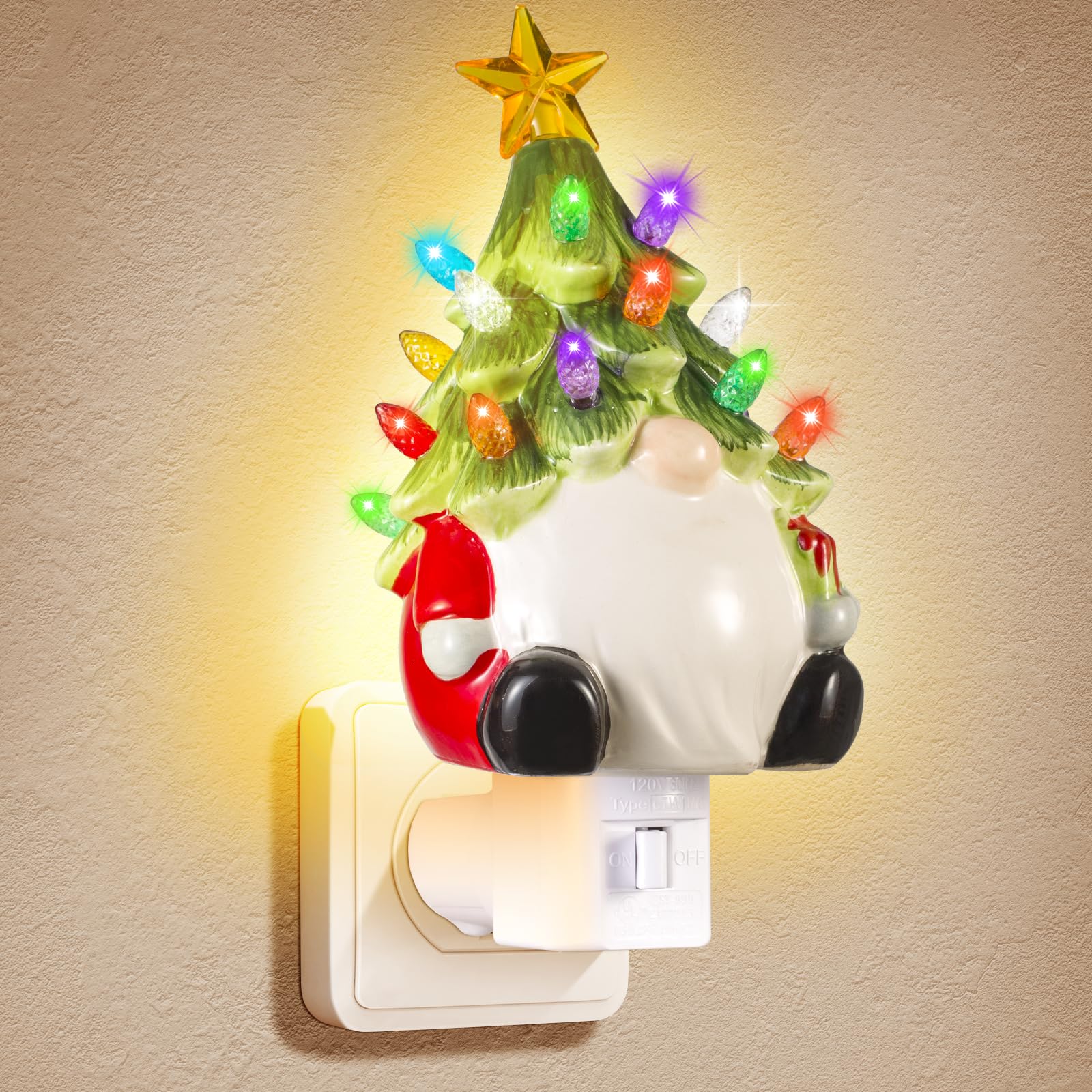 Amazon.com: Aclema Christmas Gnomes Night Light, 6” Ceramic Gnome Christmas Tree Plug in ...
