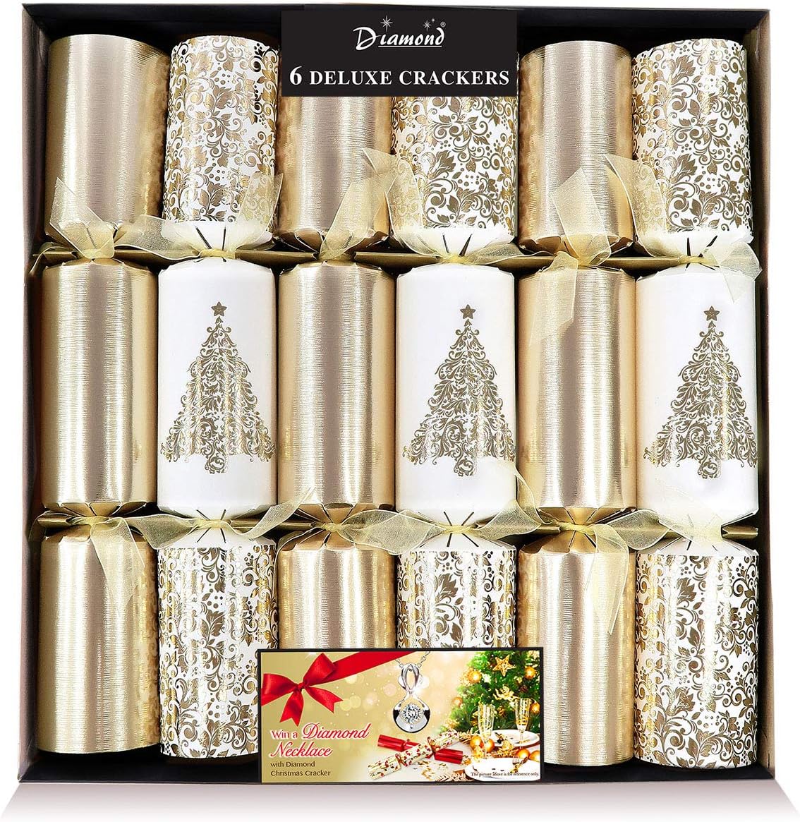 Deluxe Christmas Crackers Pack 6x12in Gold Damask with Deluxe contents ...