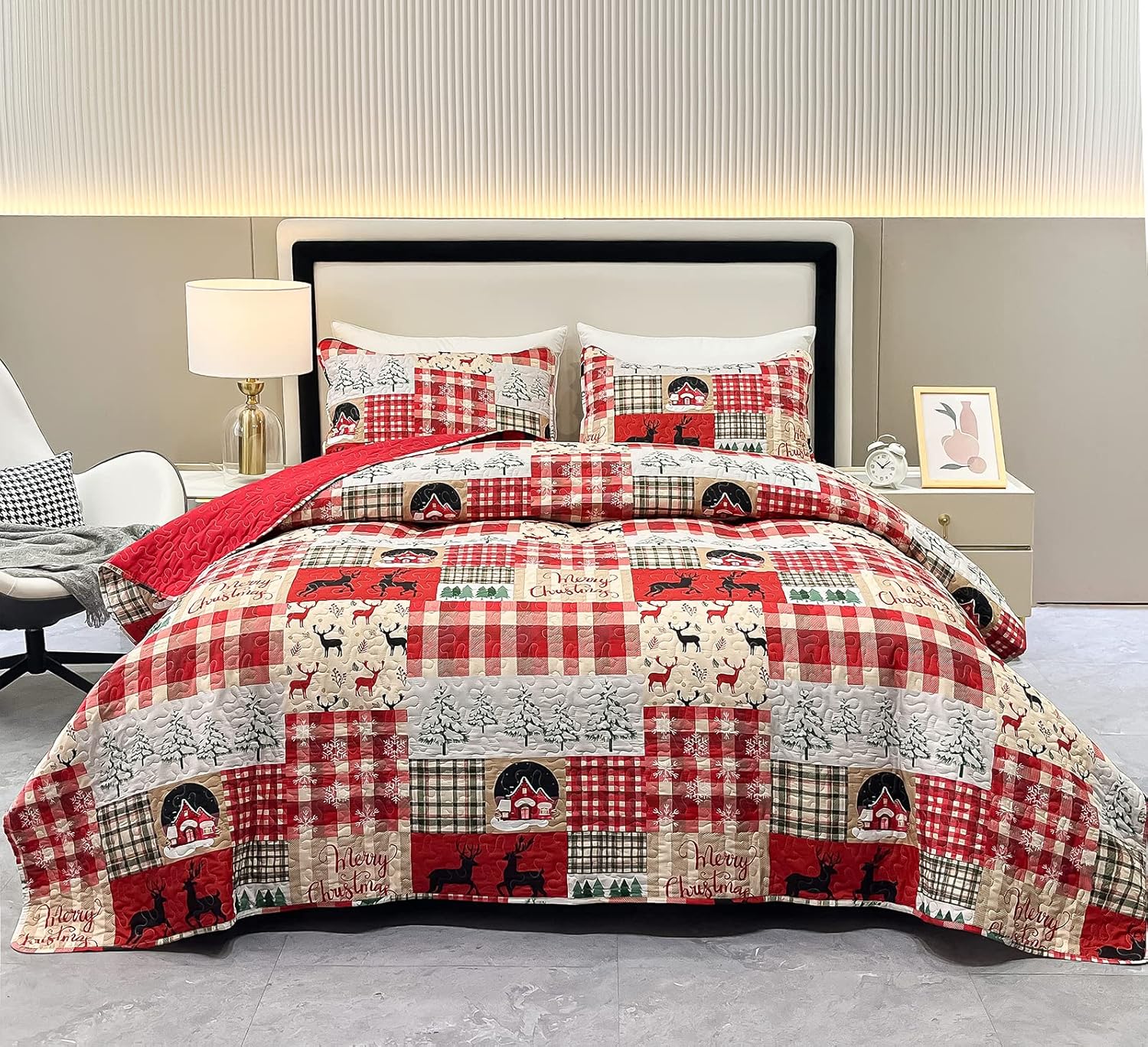 Amazon.com: Christmas Quilt Set King Size Patchwork Bedspread Set Red ...