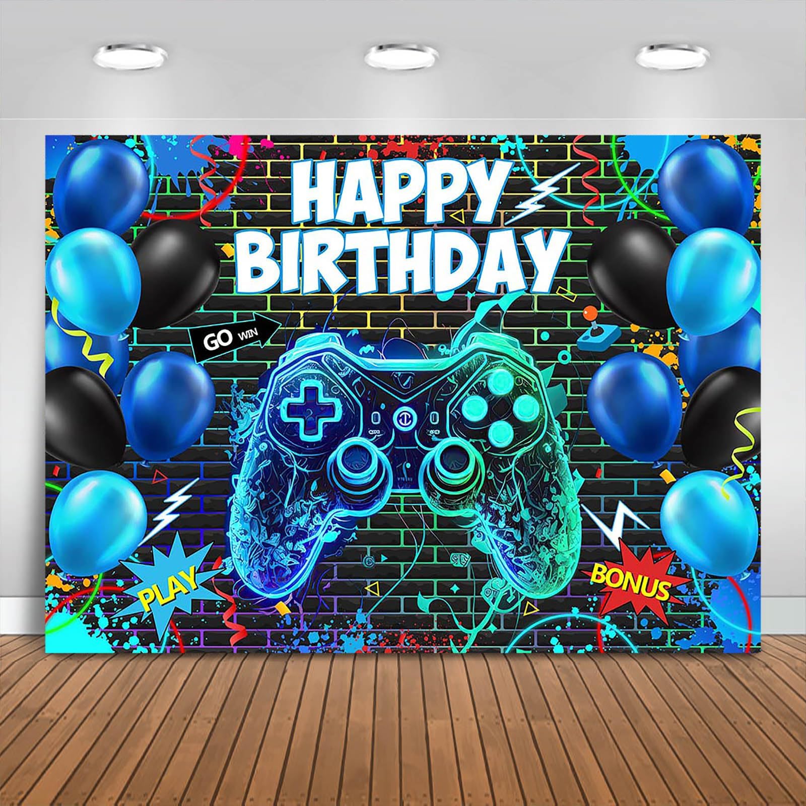 Amazon.com : MAYSSKQ Video Game Party Backdrop Blue Neon Glow Level Up ...