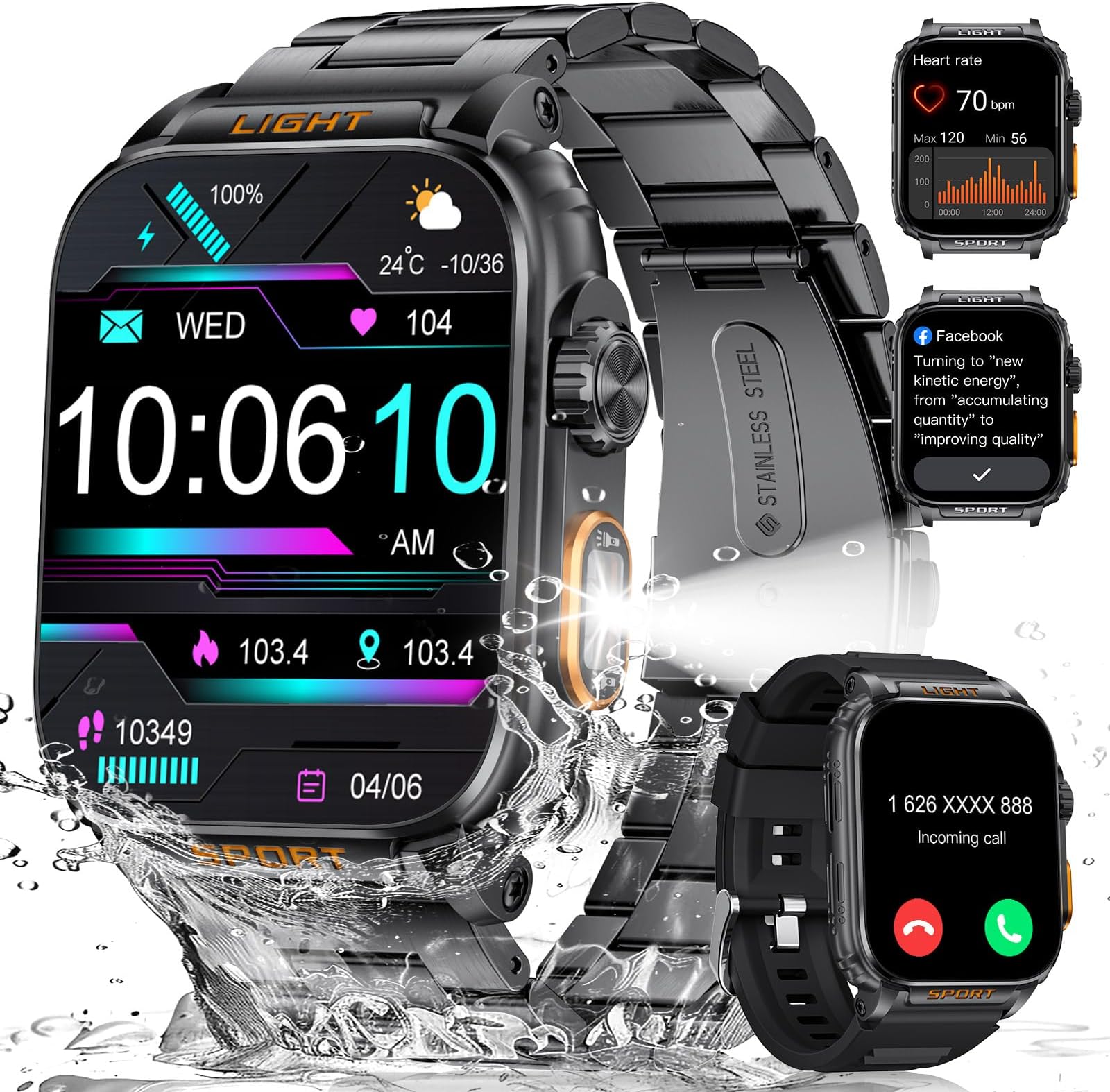 LIGE 2024 Smartwatch Uomo Militare con Torcia LED,1,91" HD Display ...