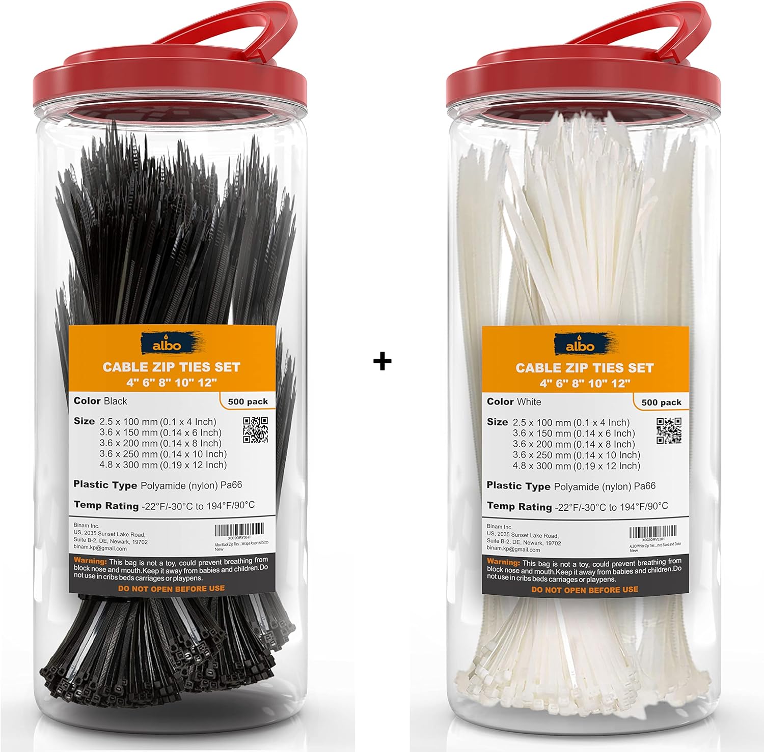Amazon.com: ALBO Black+White Zip Ties Assorted Sizes 1000 Pack Plastic ...