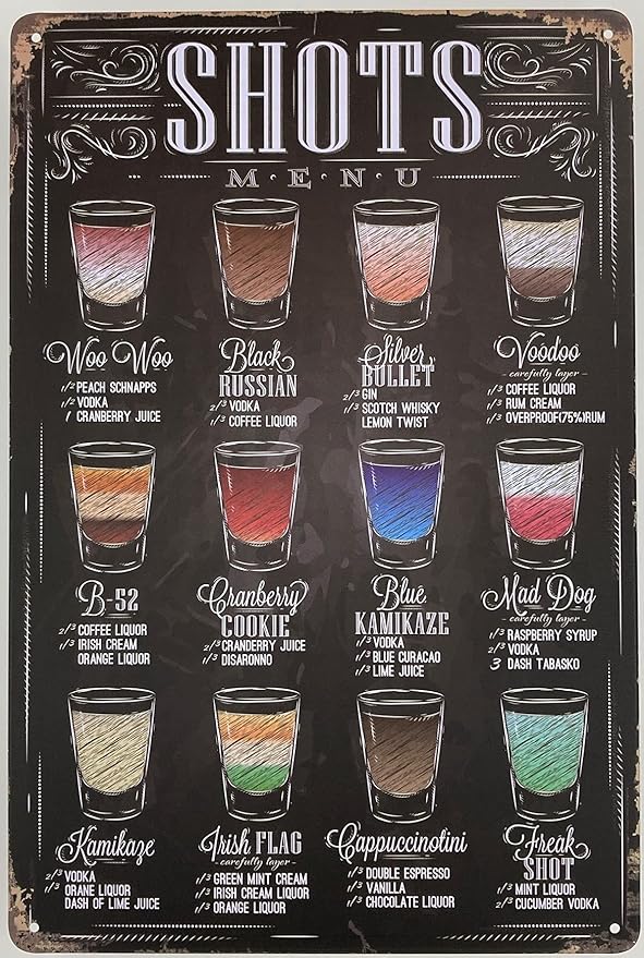 Amazon.com: Tin Sign | Metal Wall Sign | Shots Menu with Shots Recipes ...