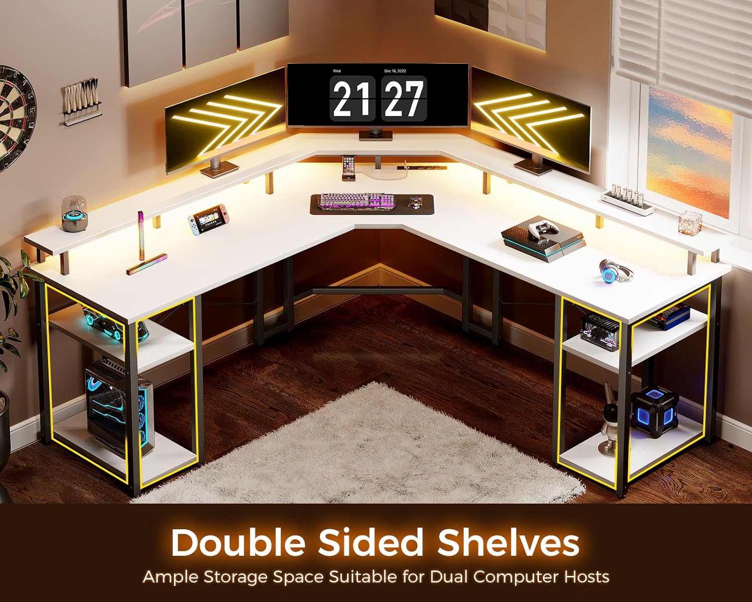 Coleshome Escritorio para juegos en forma de L con luces LED y tomas de ...