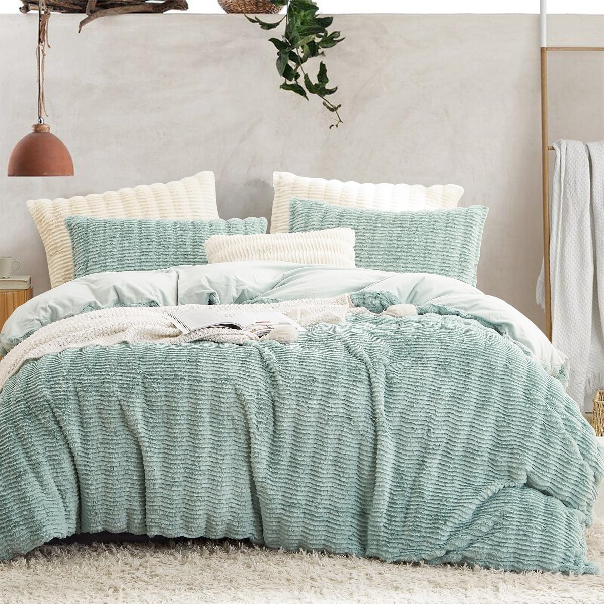 Sedefen Duvet Cover 140 x 200 cm Light Green Plush Flannel Winter Warm ...