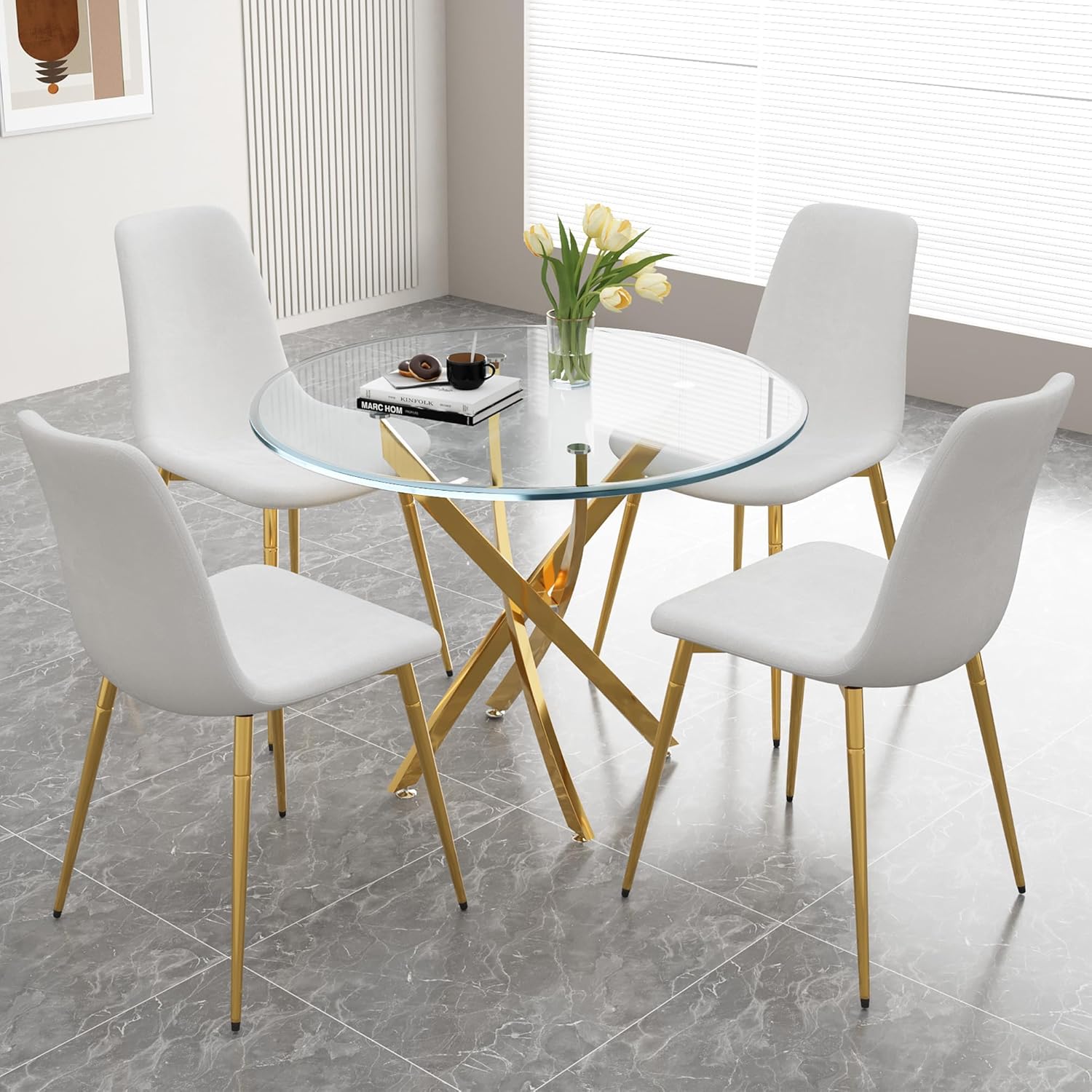 Amazon.com - ModaWhly Glass Dining Table Set for 4, 5-Piece Round Gold ...