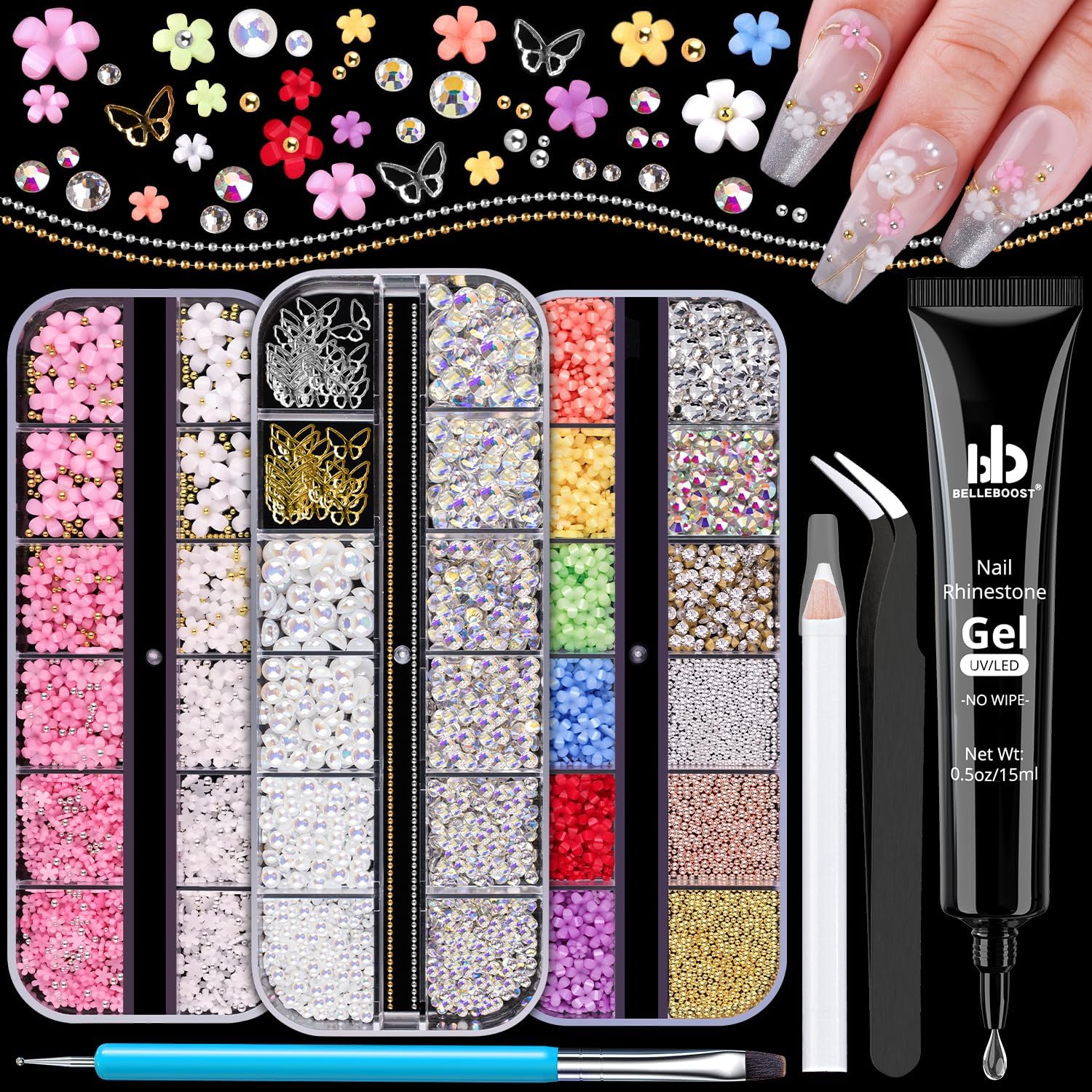 Amazon.com: 3D Nail Charms, Manicure Kit with Nail Rhinestone Glue Gel ...