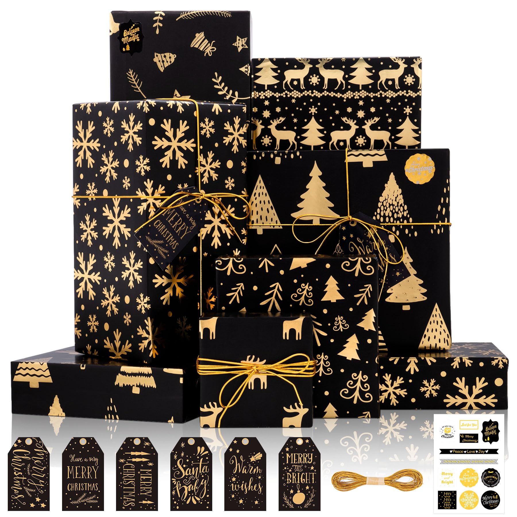 Amazon.com: Larcenciel Christmas Wrapping Paper Set, Metallic Black and ...
