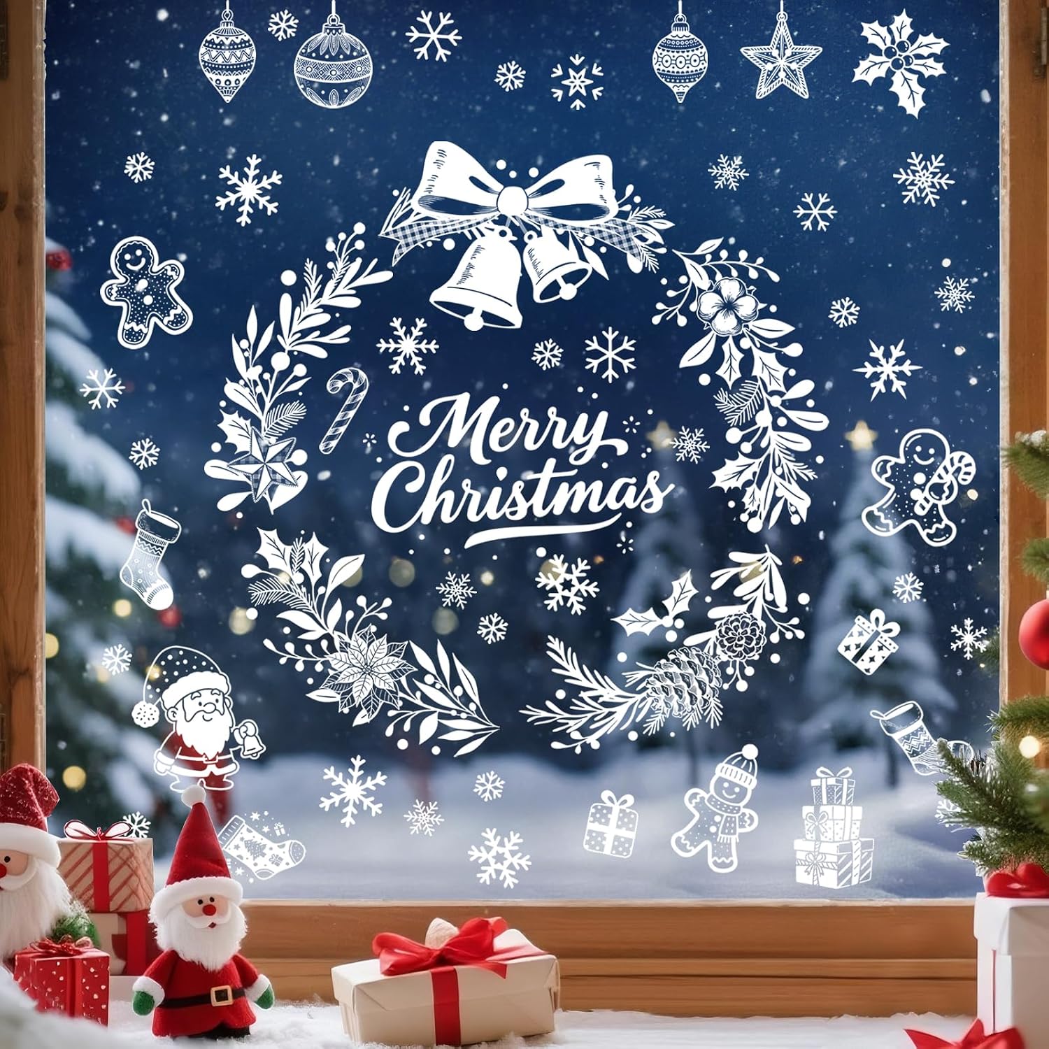 Tanlaby White Christmas Window Clings, Christmas Wreath Window Stickers ...