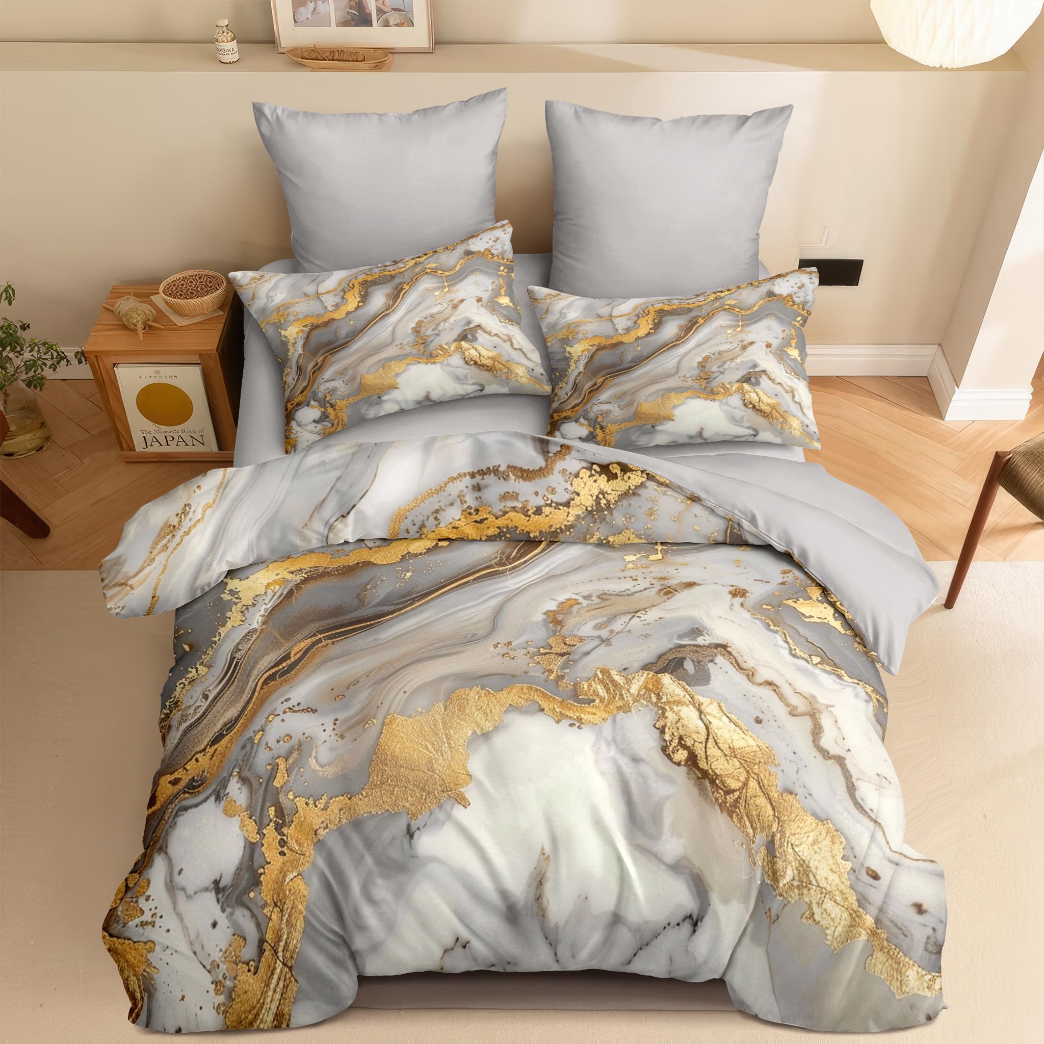 Amazon.com: CCoutueChen Marble Print Comforter Set Queen Size White ...
