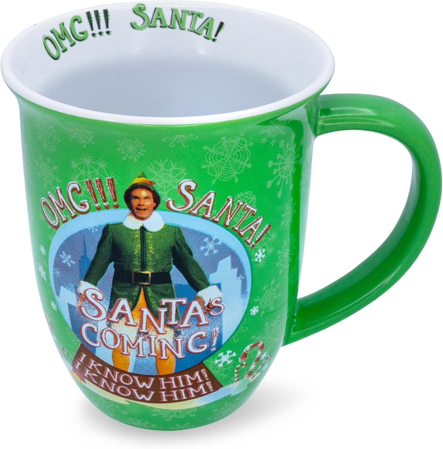 Amazon.com: Silver Buffalo Elf Santa! I Know Him! Wide Rim Ceramic Mug ...