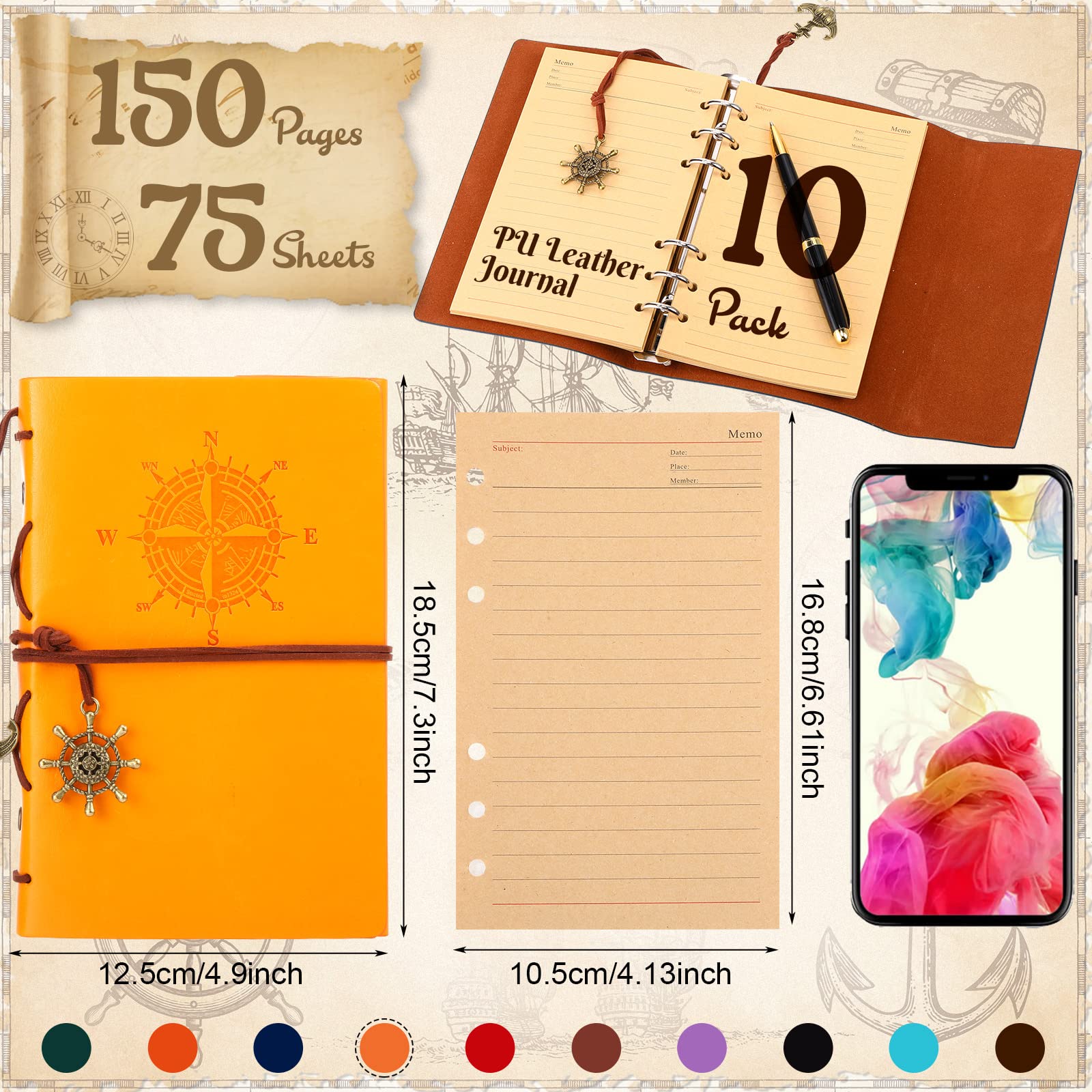 10 Pack PU Leather Journal Notebook Refillable Travel Vintage Journal ...