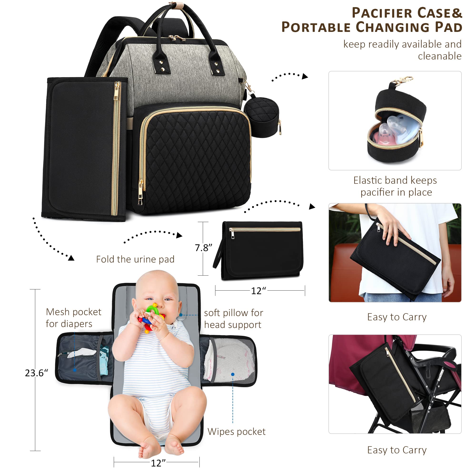 Baby Diaper Bag Backpack with Changing Pad, Pacifier Case - Black Gray ...
