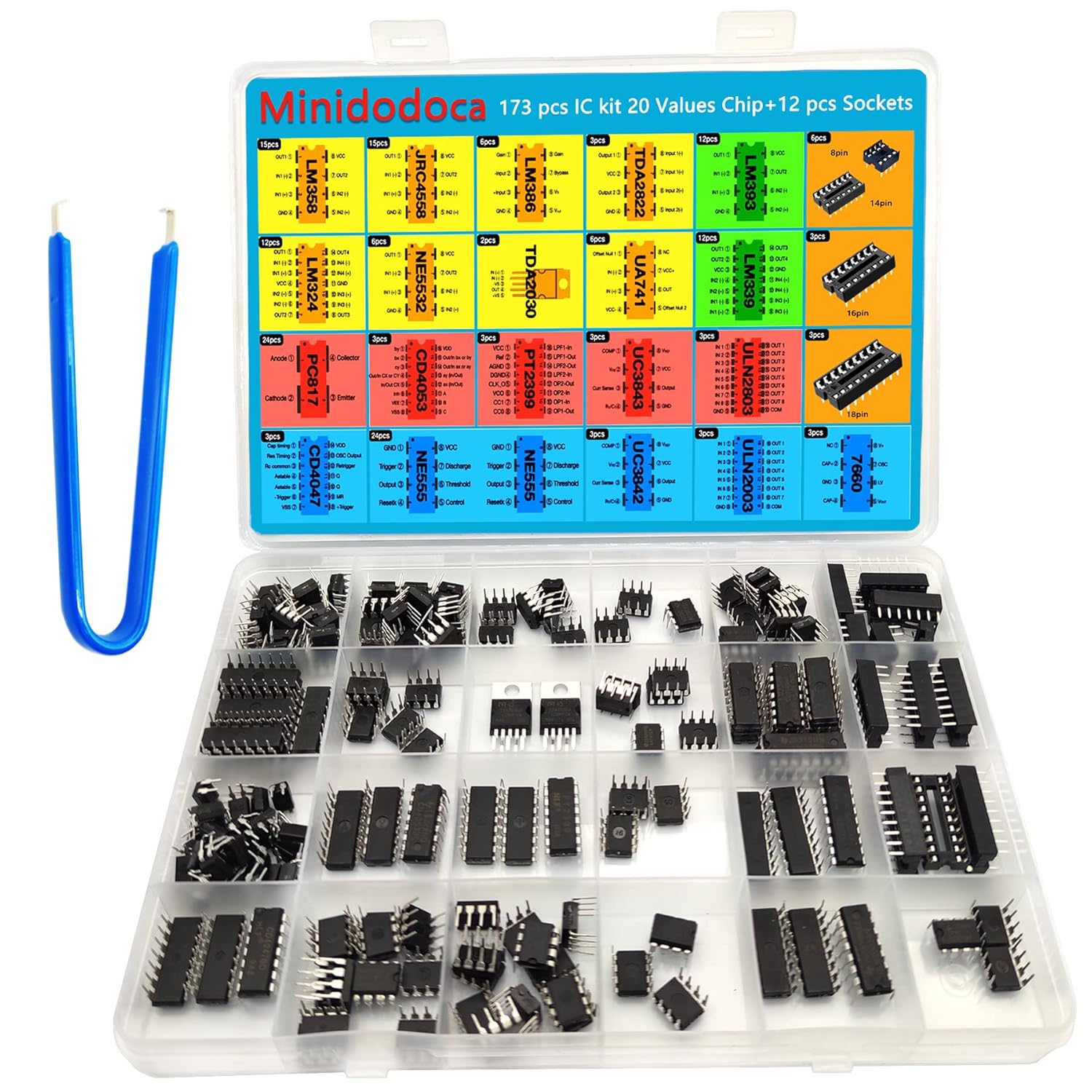 IC Chips kit Minidodoca 173 pcs 20 Values Chip Assortment Set+12 pcs Sockets;Integrated Circuits ...