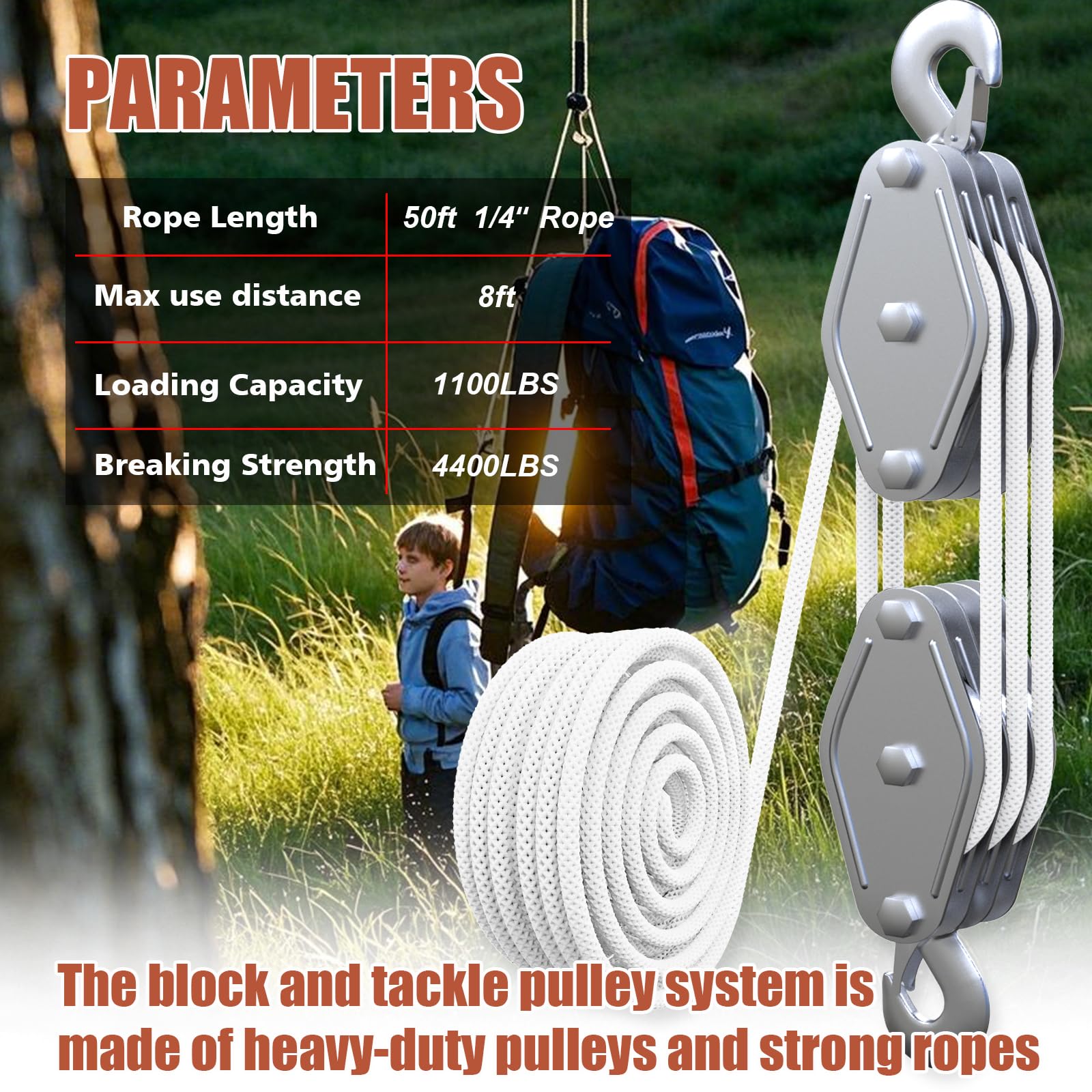 Snapklik.com : Block And Tackle Pulley System, 2200 LBS Breaking ...
