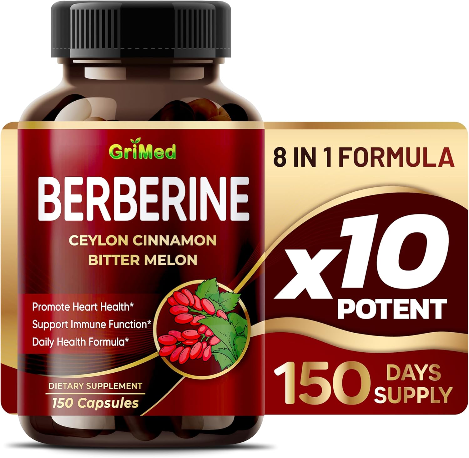 Amazon.com: GriMed Berberine Supplement 9,500mg with Ceylon Cinnamon Bitter Melon Supports ...