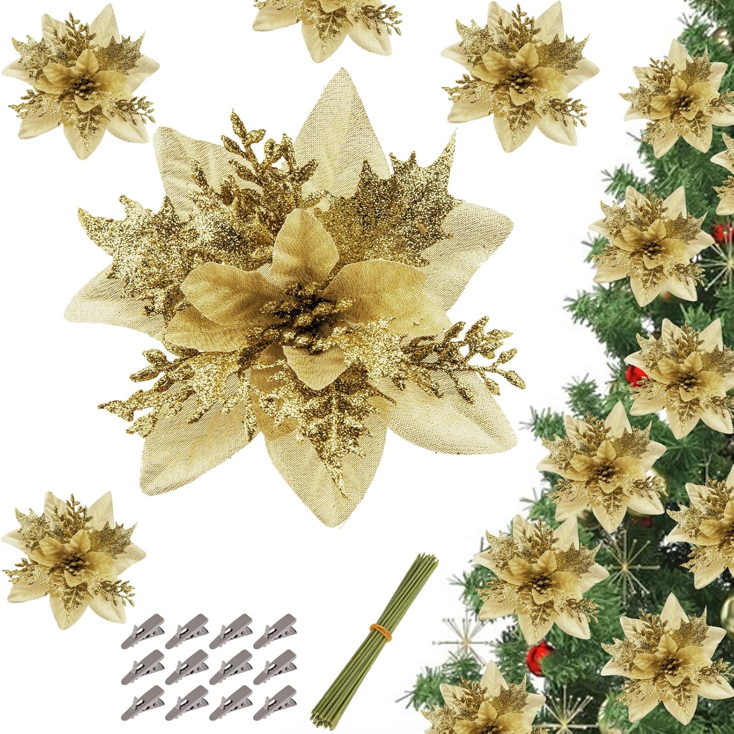 Amazon.com: Cliselda 30Pcs Gold Poinsettias Artificial Christmas ...