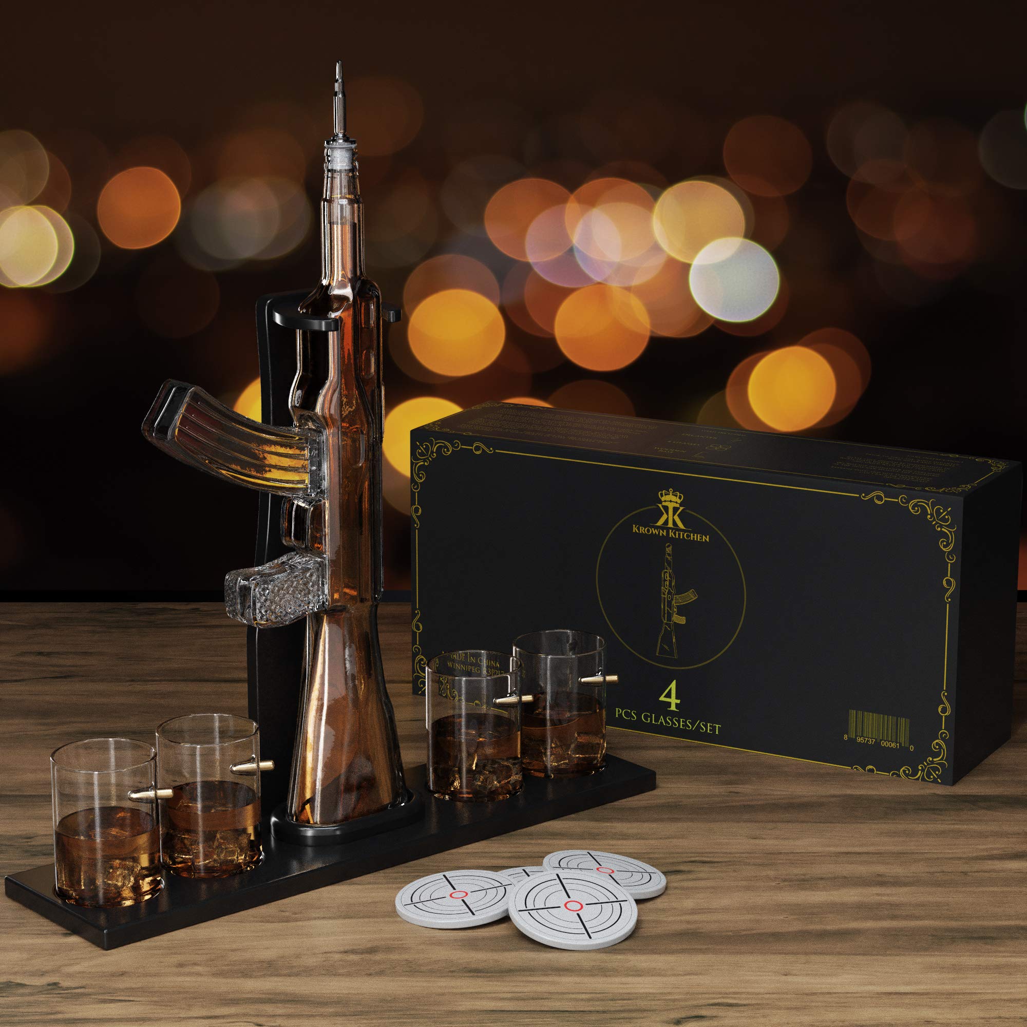 KROWN KITCHEN - Gun Whiskey Decanter Set. Includes Whiskey glasses ...
