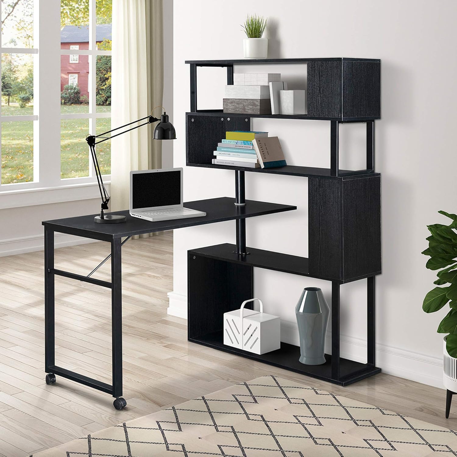 Amazon.com: Rotating Computer Desk with 5 Shelves Bookshelf, Modern L ...