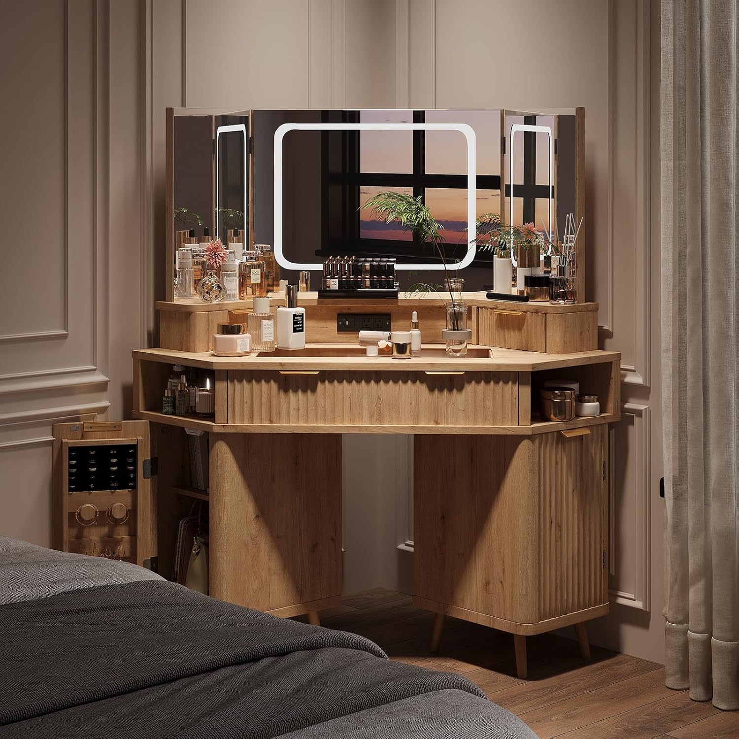 Amazon.com: Rotihom 47" Corner Vanity with Glass Top, Wooden Corner ...