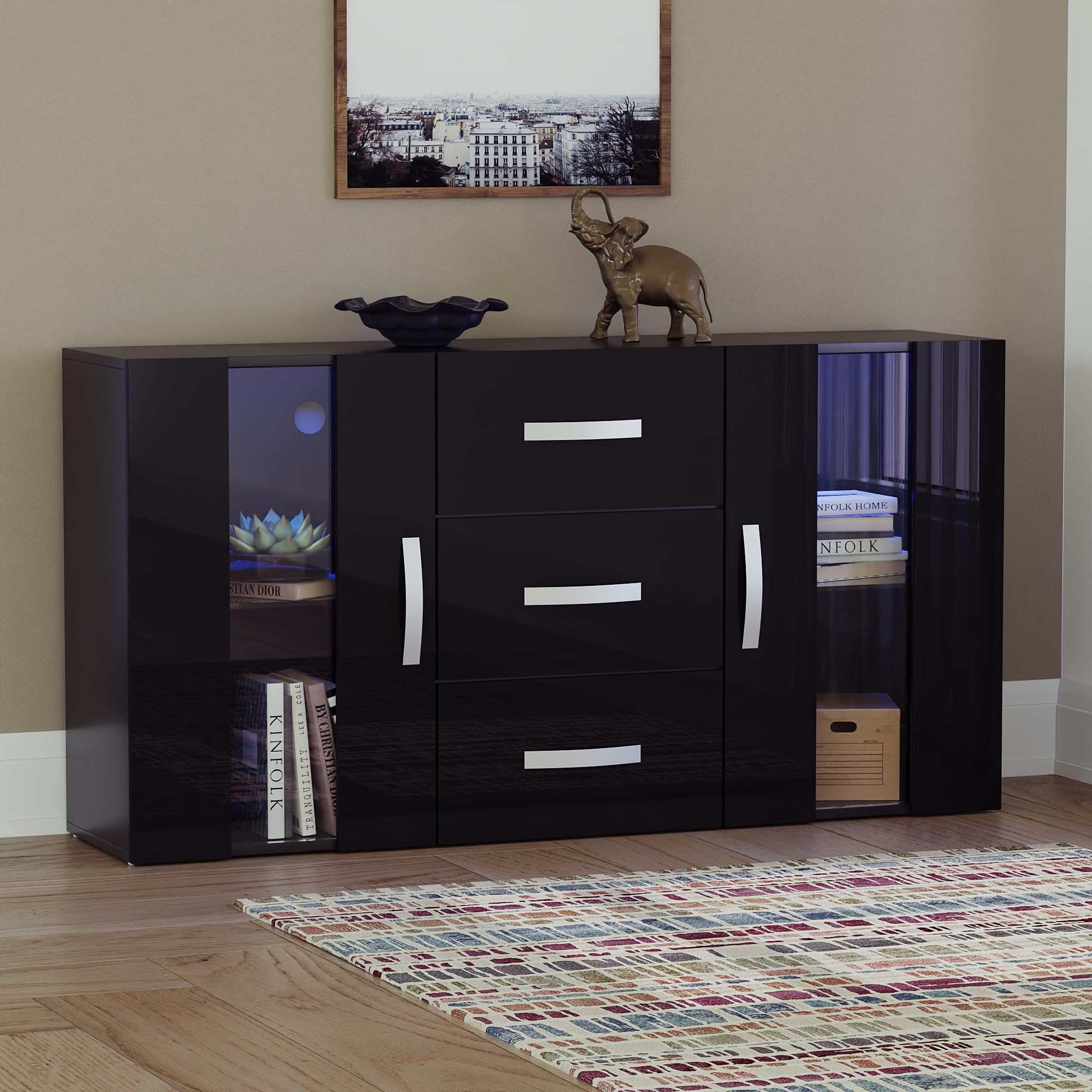 Vida Designs Astro 2 Door 3 Drawer Modern LED Sideboard in Black, RGB ...