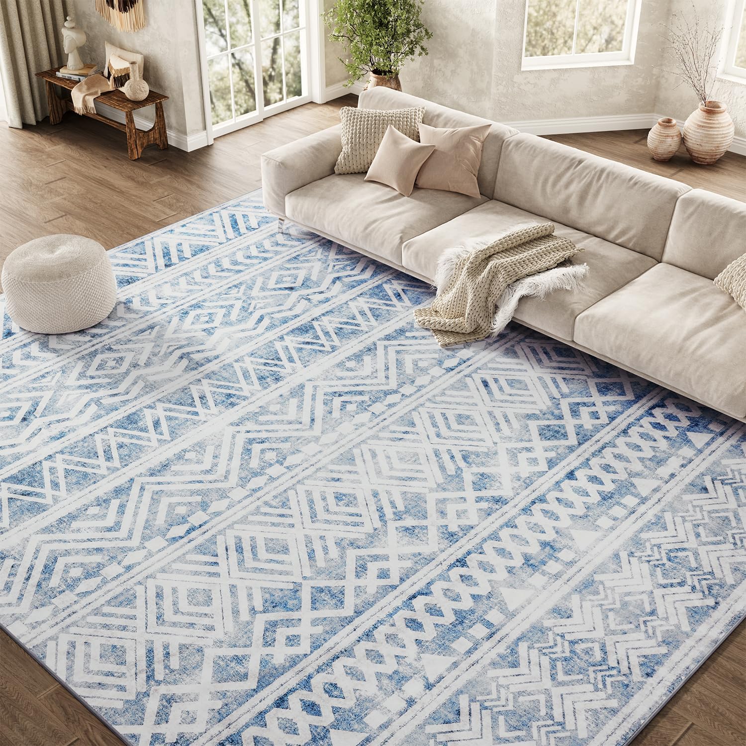 RESARE Blue Boho Area Rug - Cozy, Durable, and Machine Washable