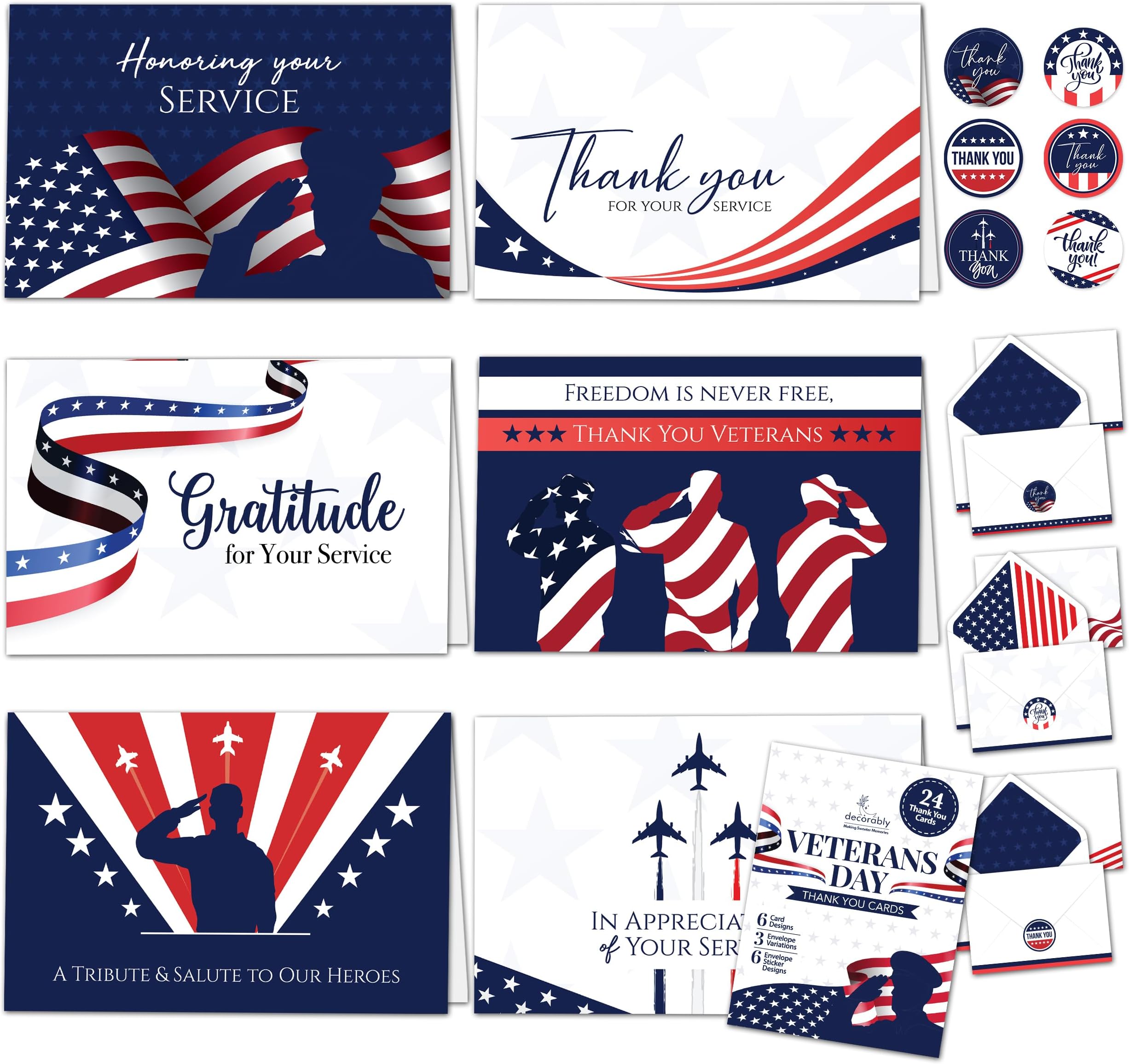 Amazon.com : Note Card Cafe Patriotic Greeting Cards Set with Red ...