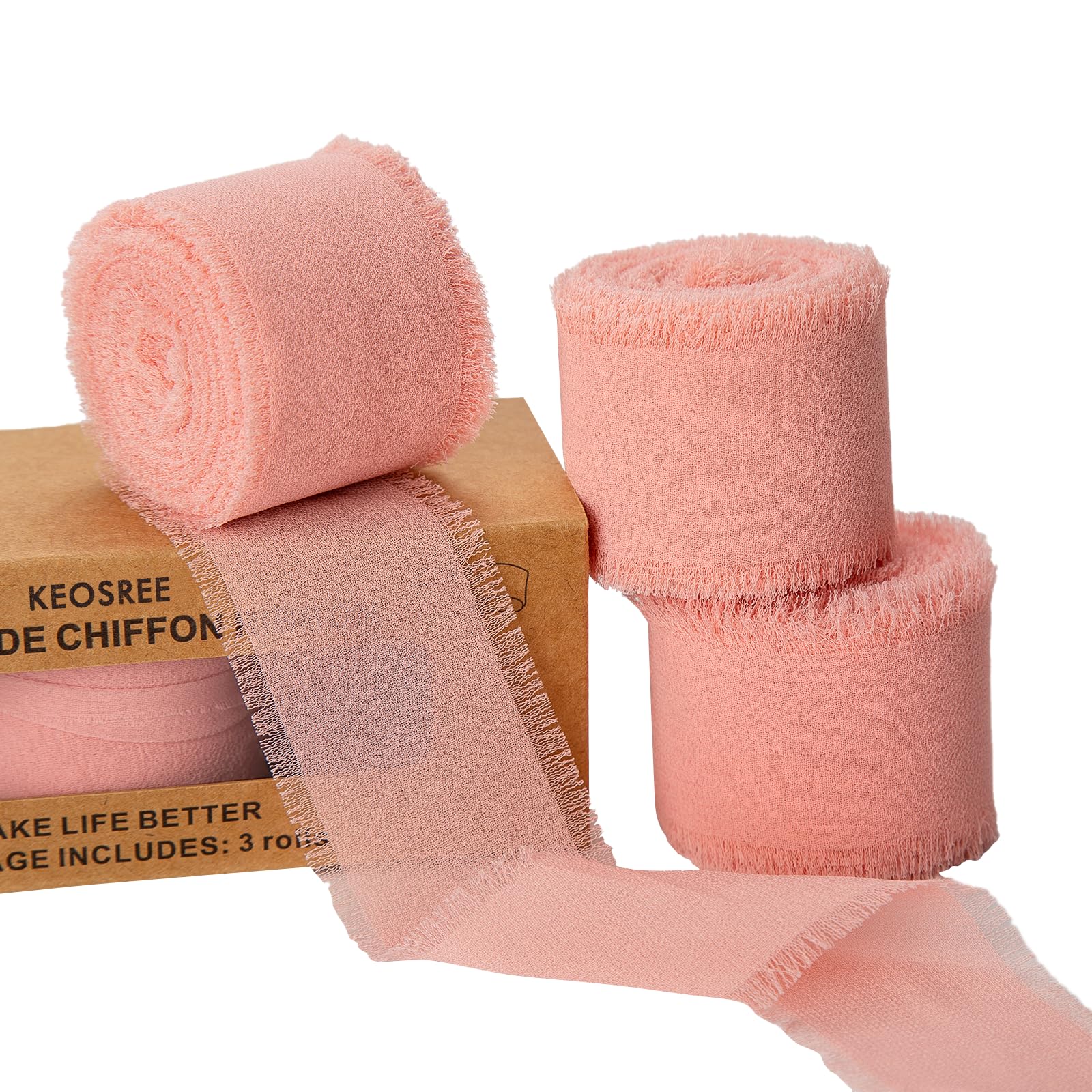 Amazon.com: KEOSREE 3 Rolls Blush Pink Handmade Chiffon Ribbon,1.5" x ...
