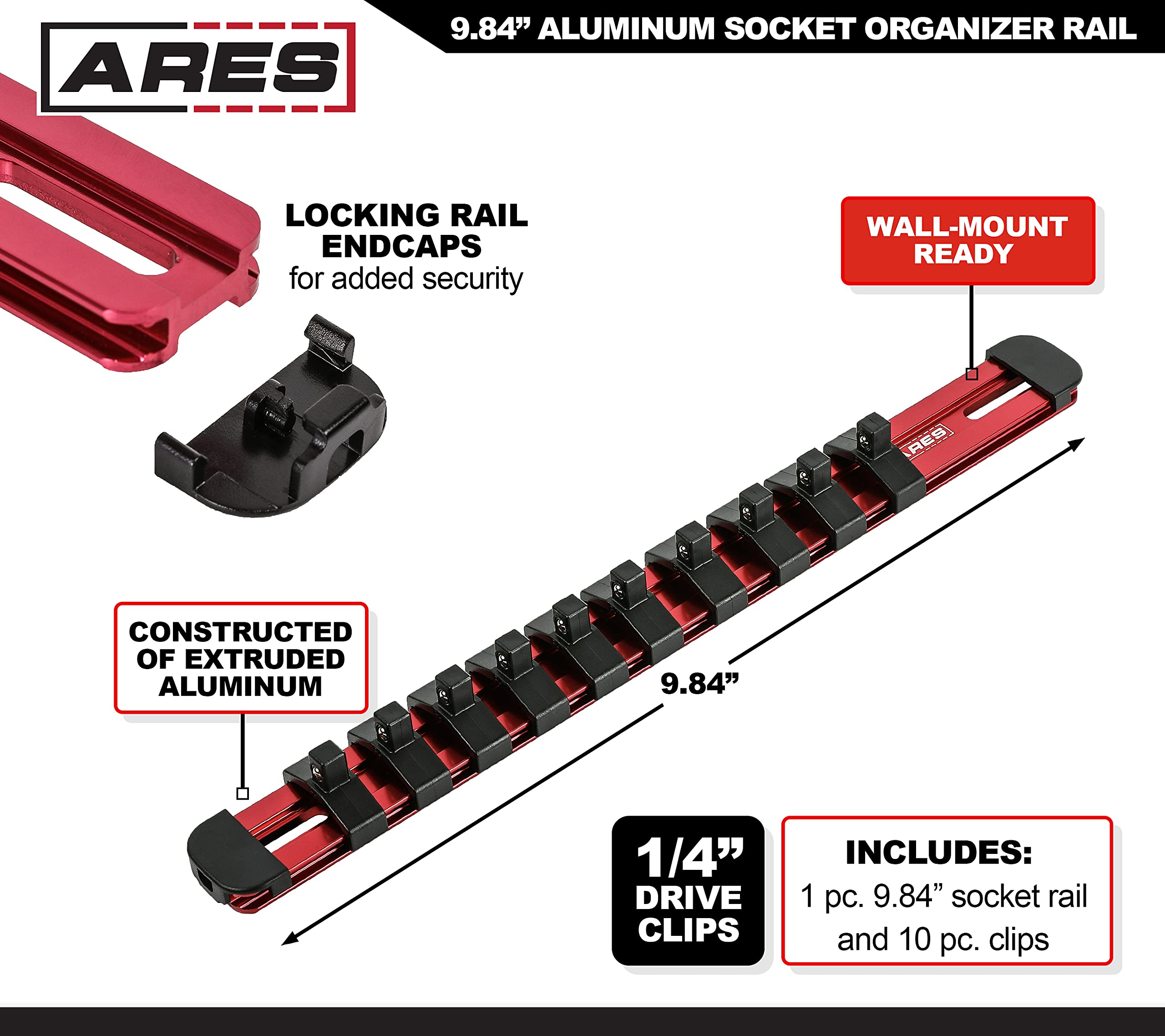 Snapklik.com : ARES 60097-1/4-Inch Drive Red 9.84-Inch Socket Rail