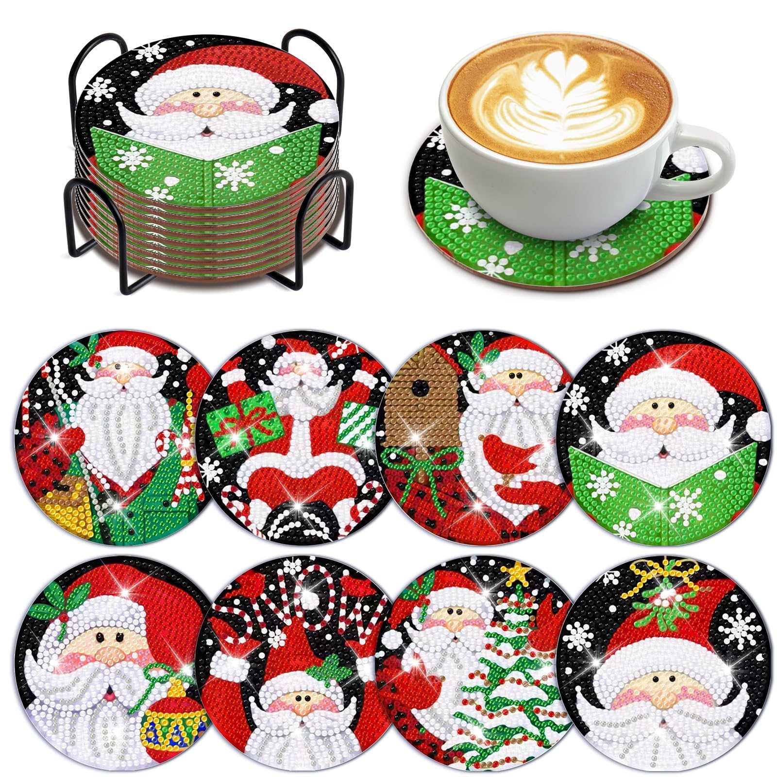 Amazon.com: 8 Pcs Christmas Santa Diamond Art Coasters Kits with Holder ...