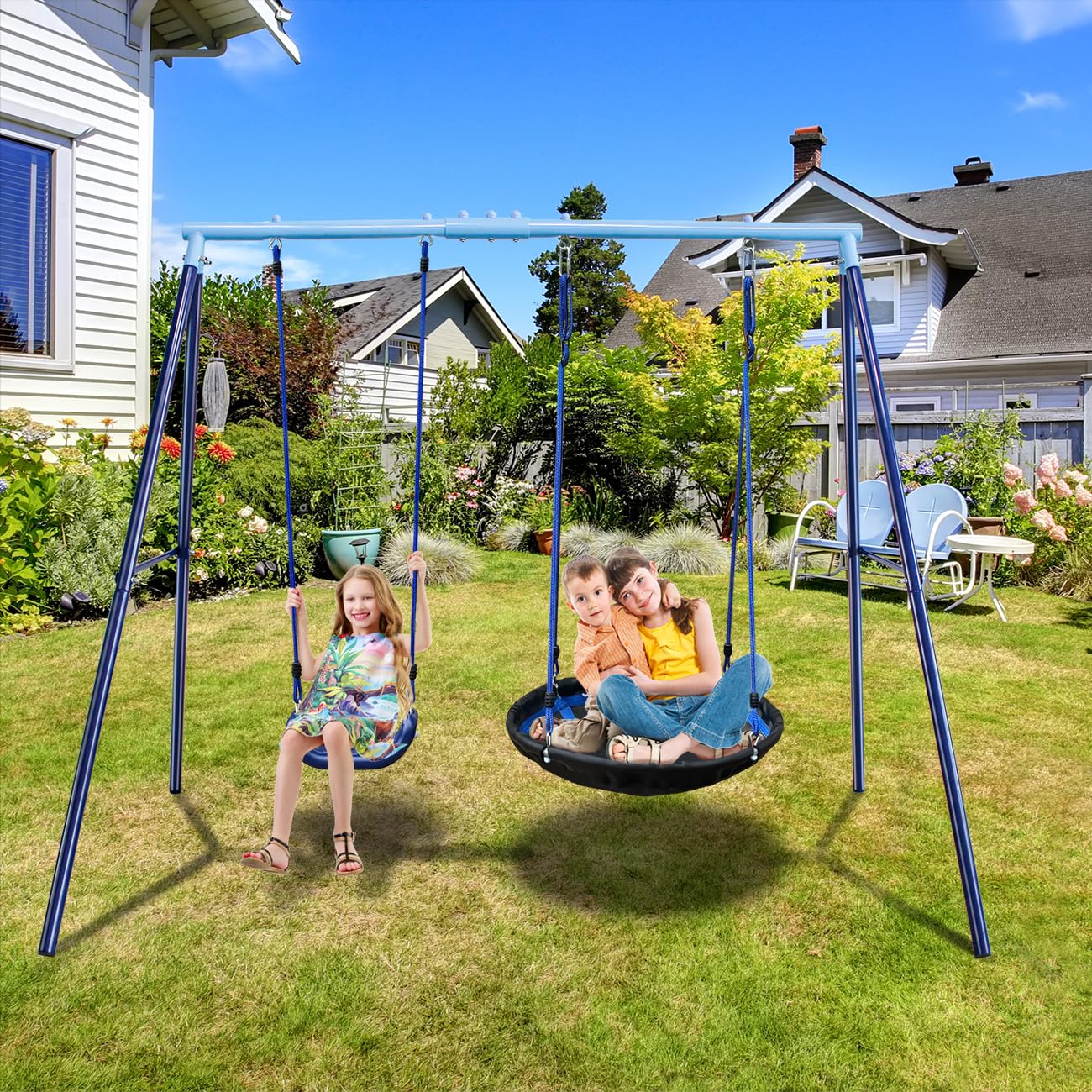 Amazon.com: JYGOPLA 2 Seat Swing Set for Backyard, Heavy Duty Metal A ...
